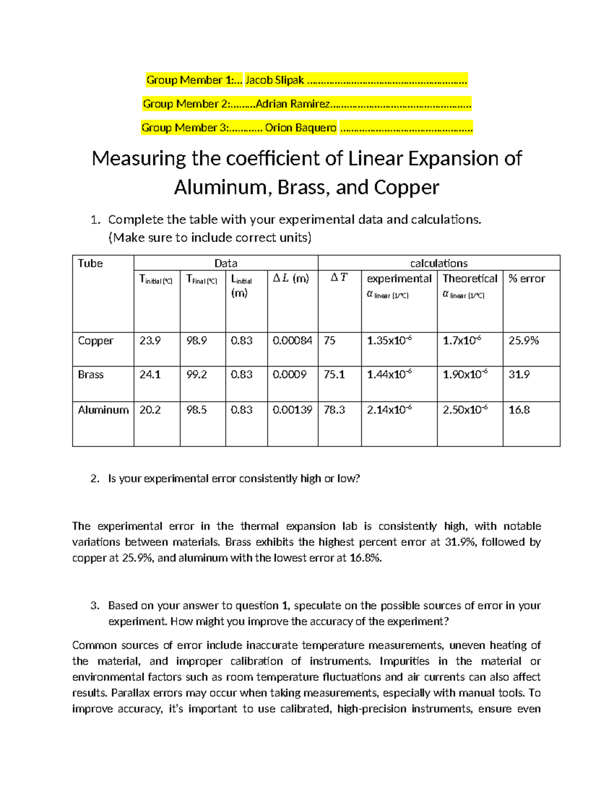 Thermal expansion Worksheet - Group Member 1:... Jacob Slipak - Studocu