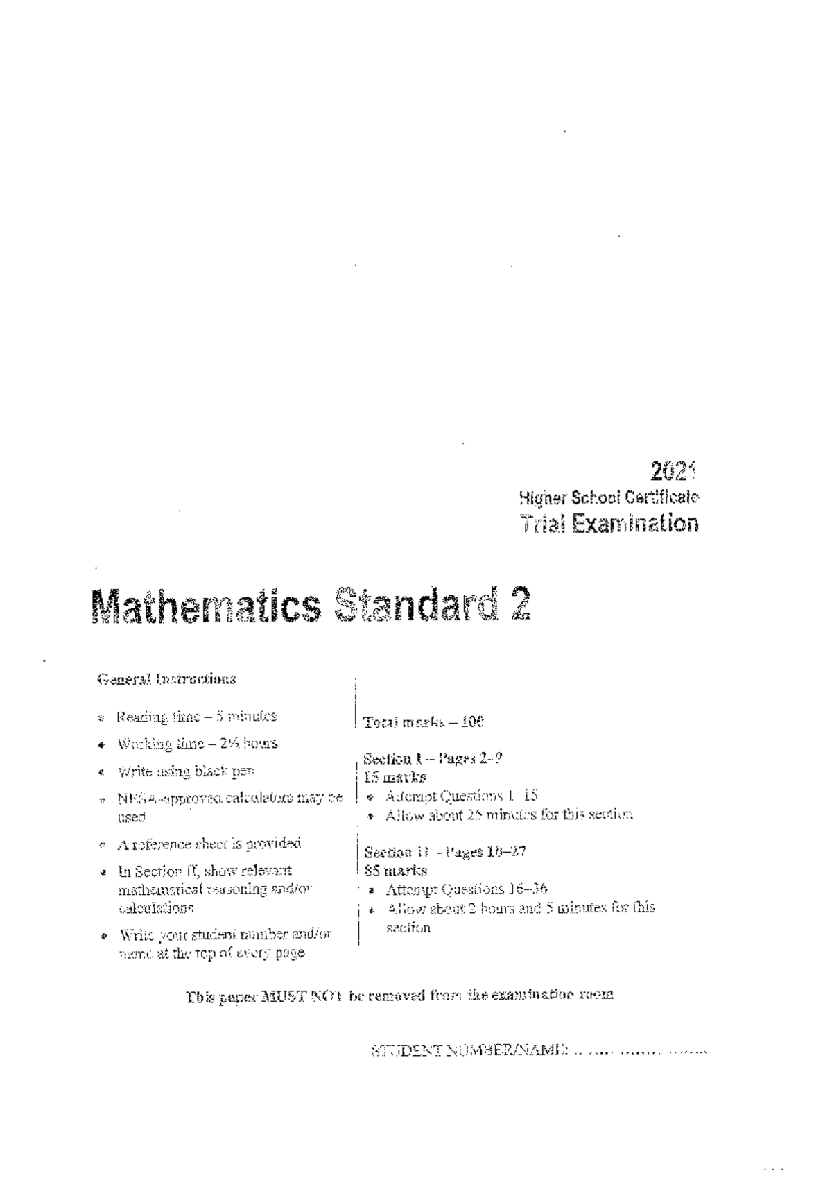 2021 Independent Exam - 2021 Higher School Certificate Trial Examination Mathematics Standard 2 ...