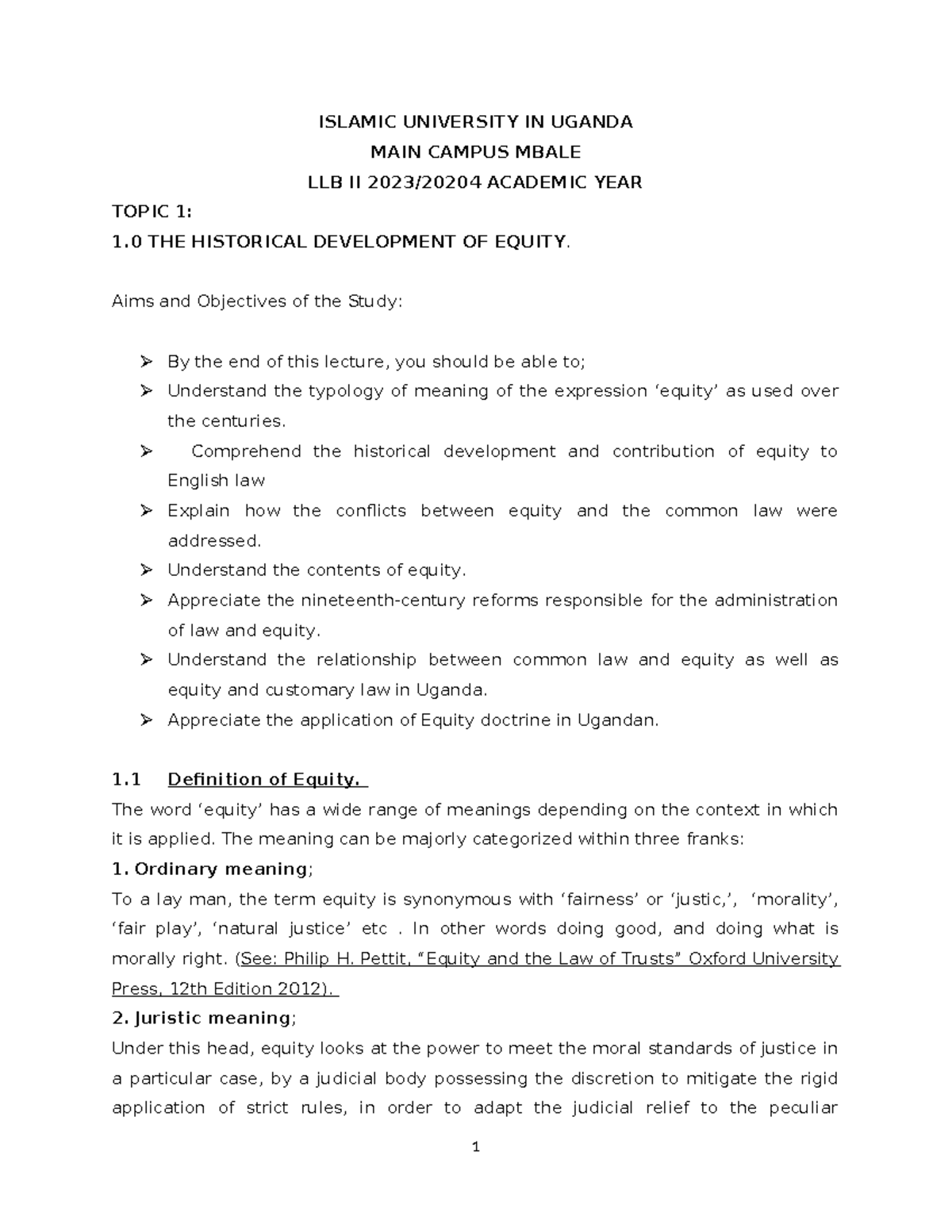 Lecture Guidance Notes FOR Equity - ISLAMIC UNIVERSITY IN UGANDA MAIN ...