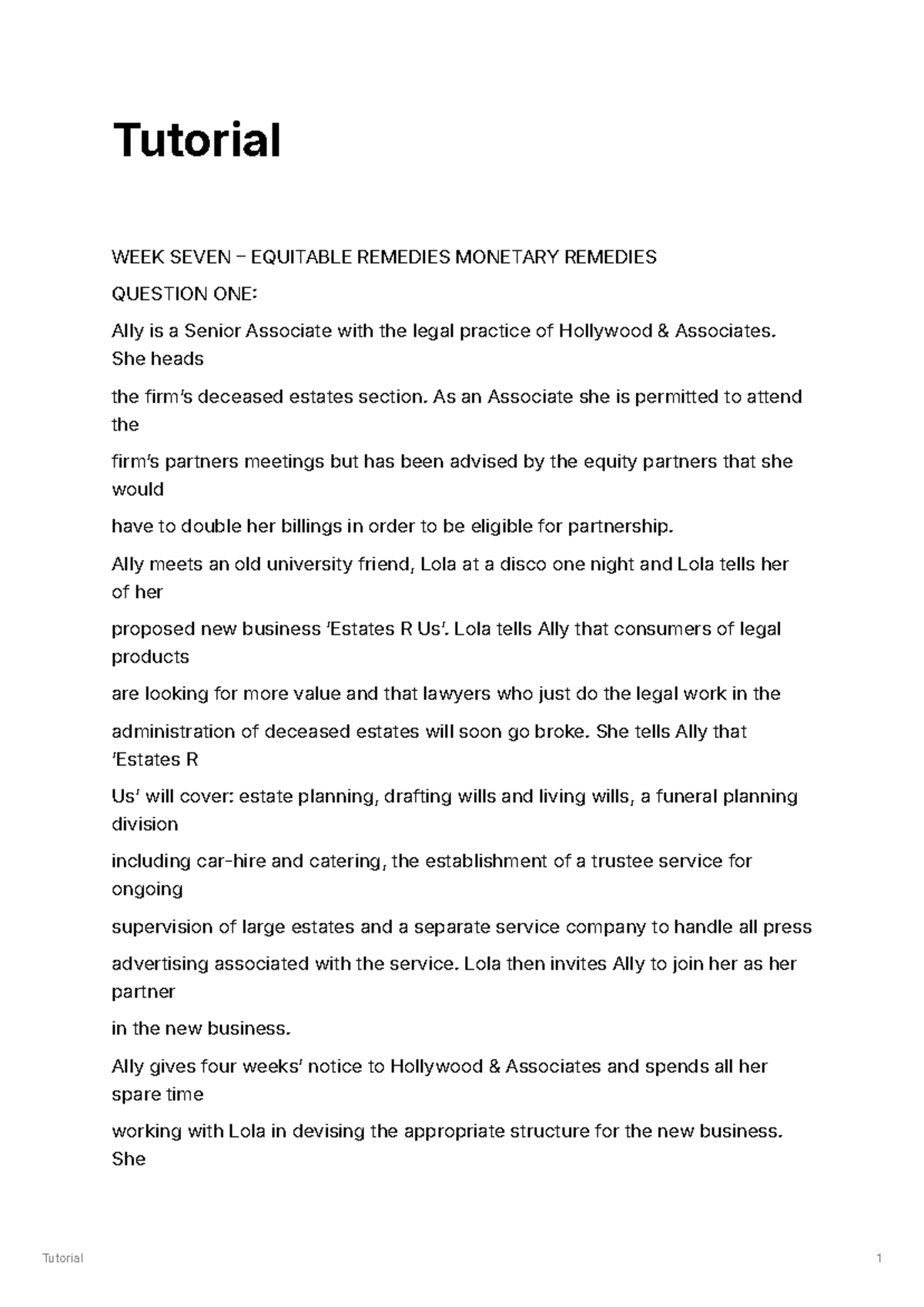 Week 7 TUT - Tutorial Notes week 7 - Tutorial WEEK SEVEN EQUITABLE ...