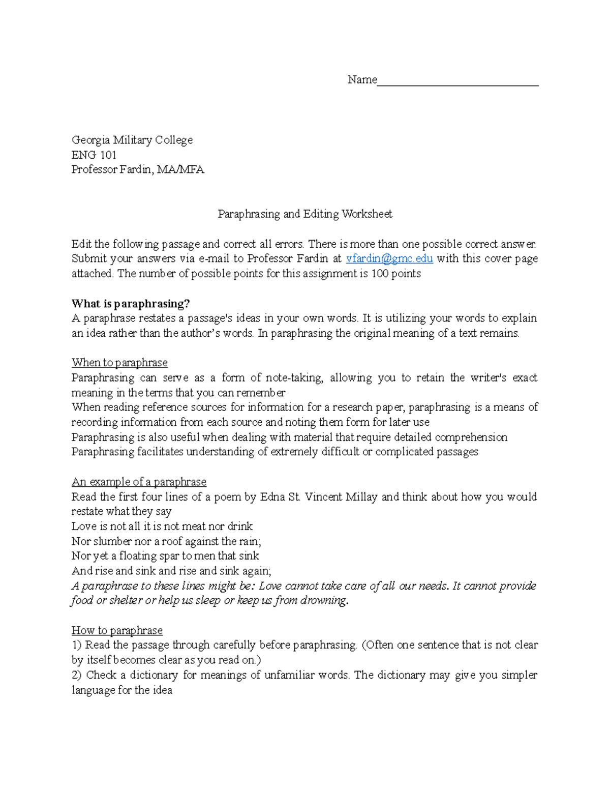 ENG 101-Paraphrasing and Editing Worksheet - Name ...