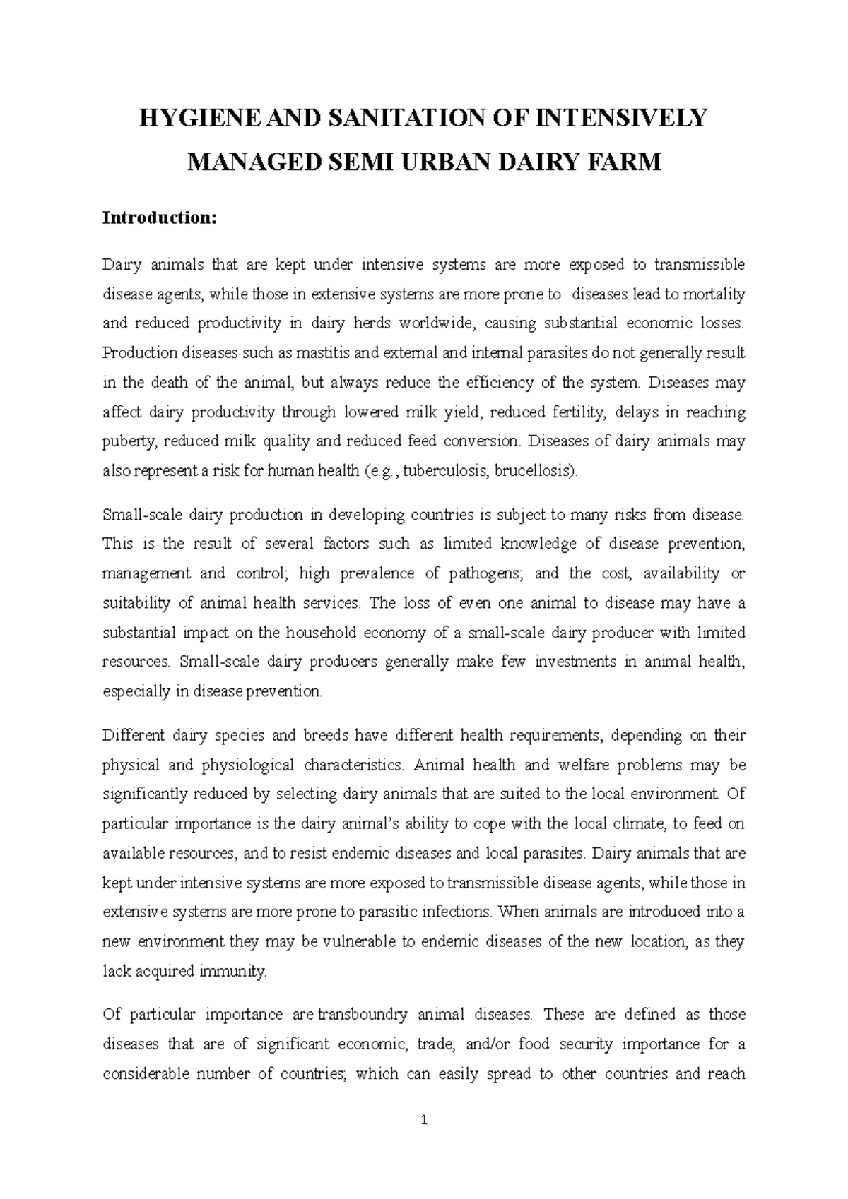 Sanitation assignment - HYGIENE AND SANITATION OF INTENSIVELY MANAGED ...