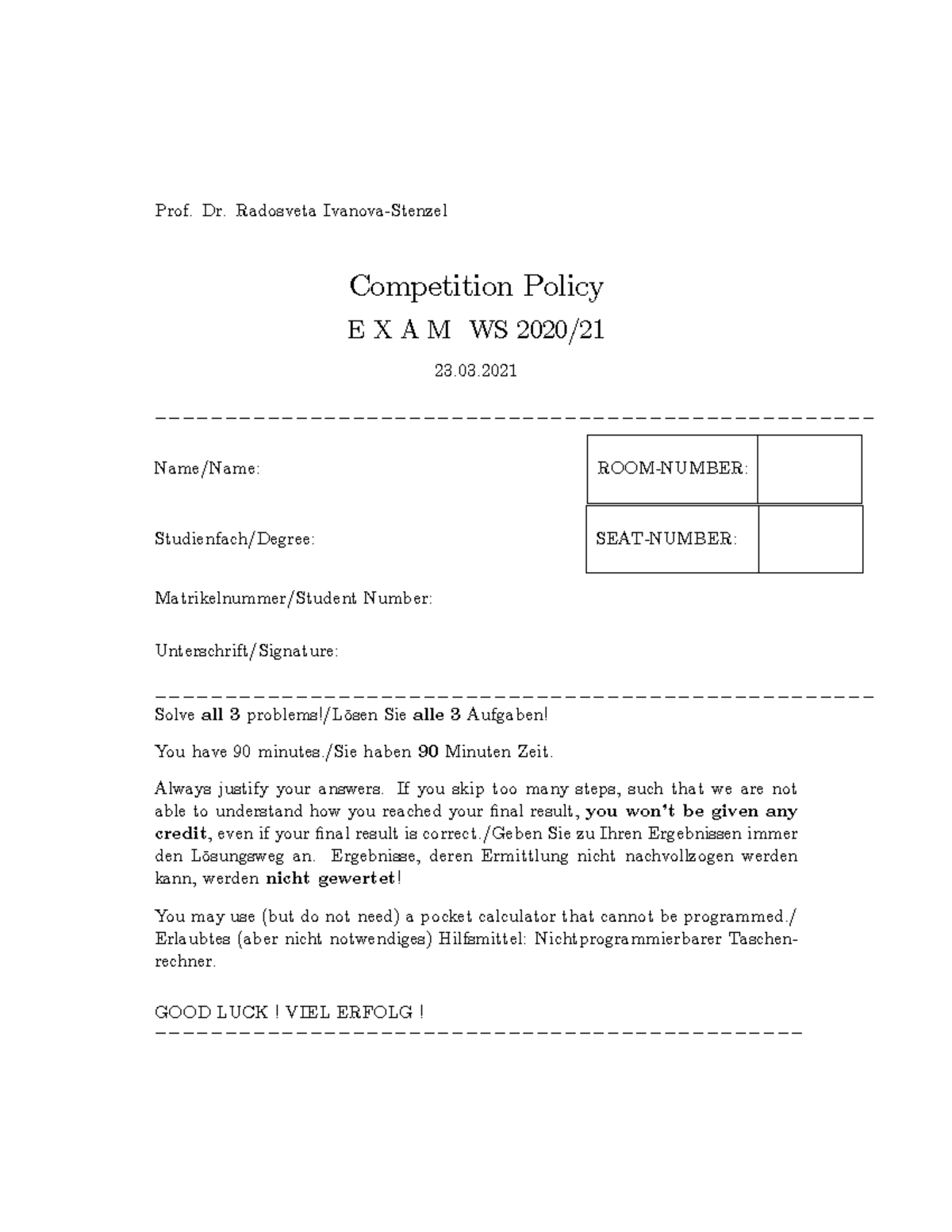 Exam WS2020 21 - Exam CP 20/21 - Prof. Dr. Radosveta Ivanova-Stenzel ...