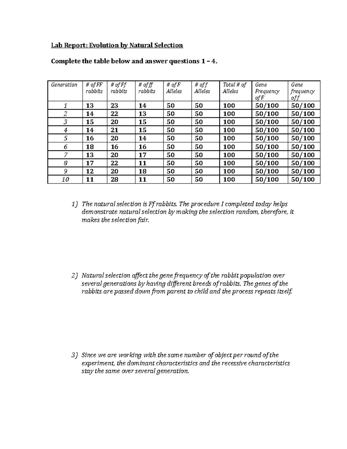 Evolution by Natural Selection Lab Report - Lab Report: Evolution by ...