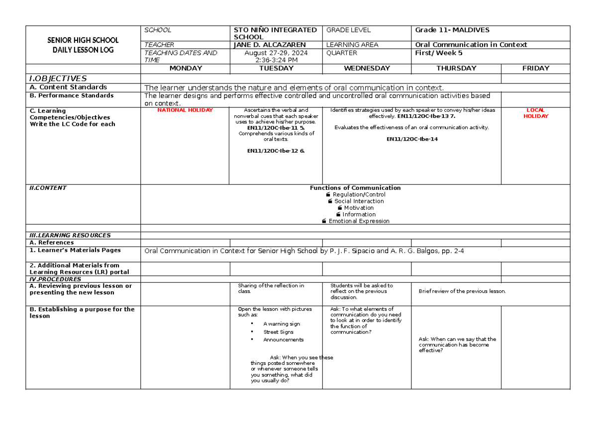 WEEK 5 - WEEK 5 - orAL COMMUNICATION IN CONTEXTS 11 WEEK 5 - SENIOR ...