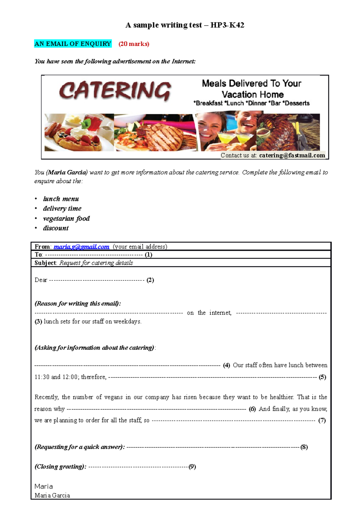 A sample writing test HP3 - A sample writing test – HP3-K AN EMAIL OF ...