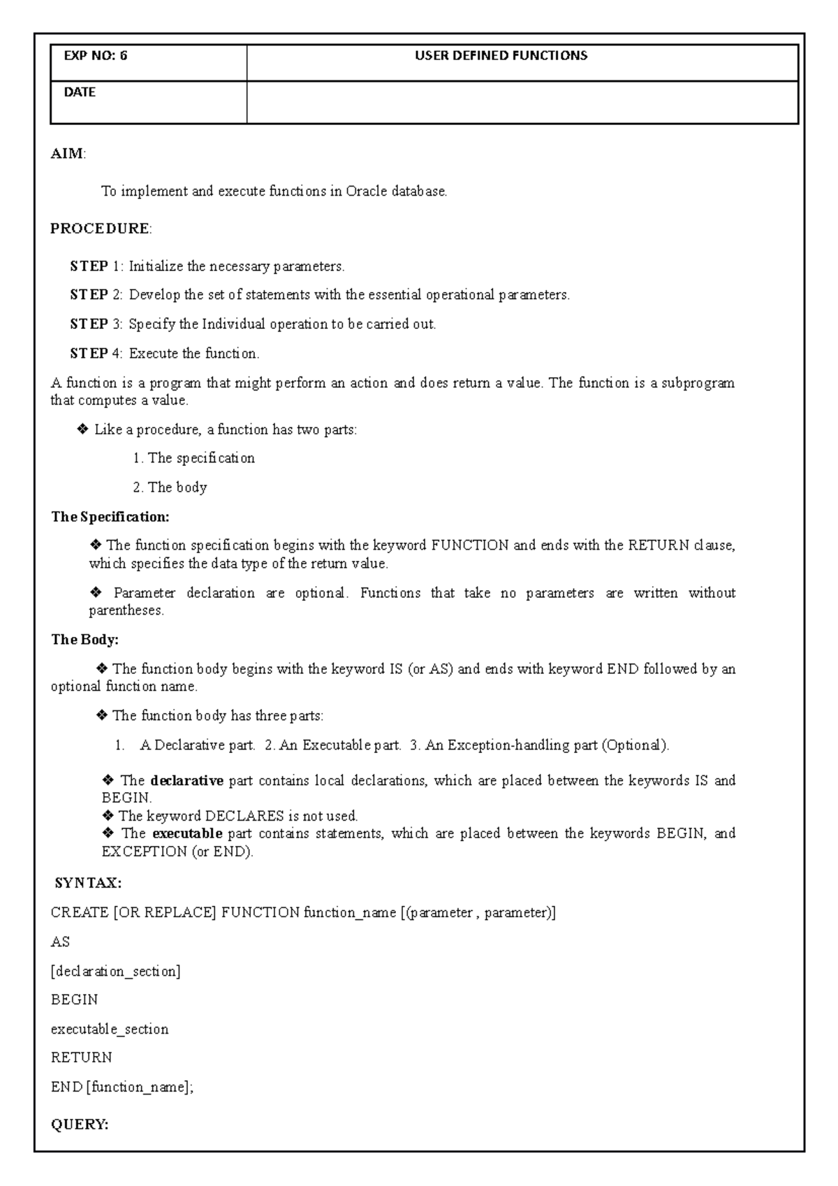 Exp No 6 Pratical Lab Exp No 6 User Defined Functions Date Aim To Implement And Execute 3141