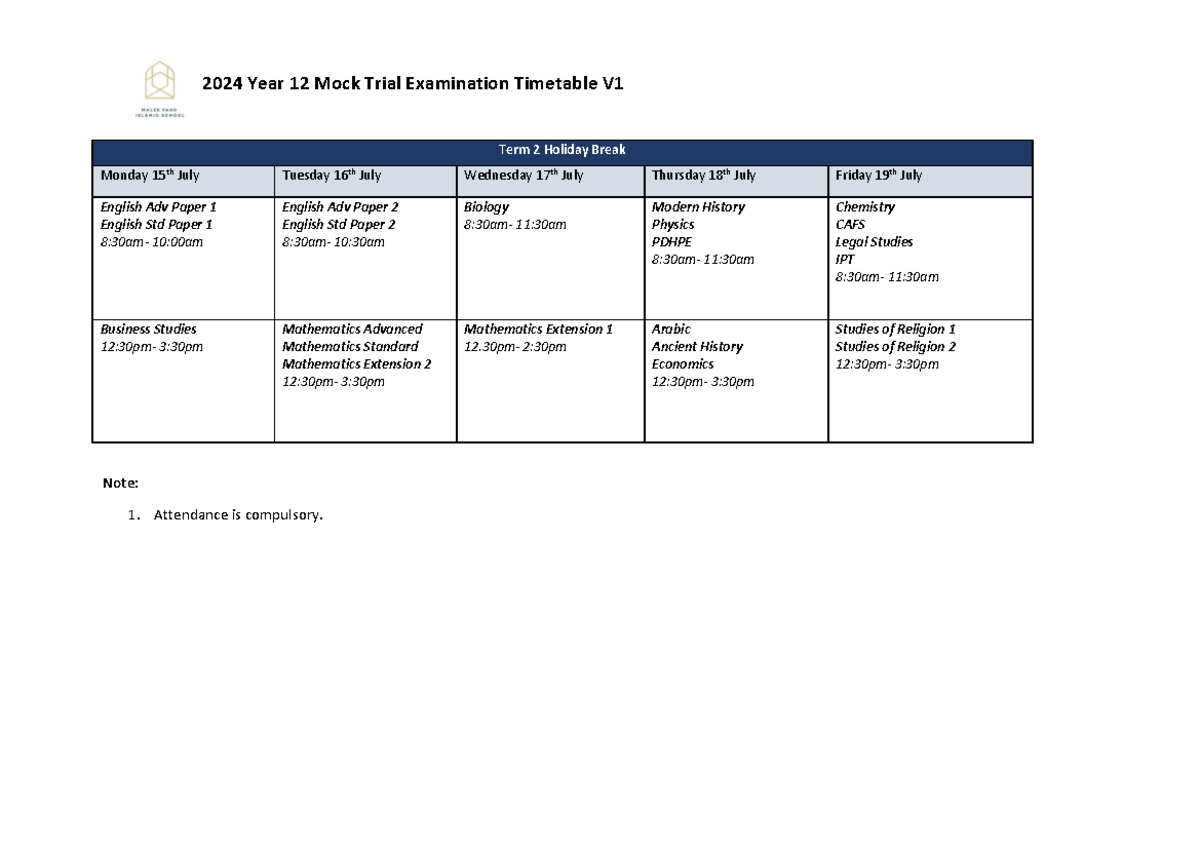 2024 Year 12 Mock Trial Exam Timetable - Parent Student copy - 2024 ...