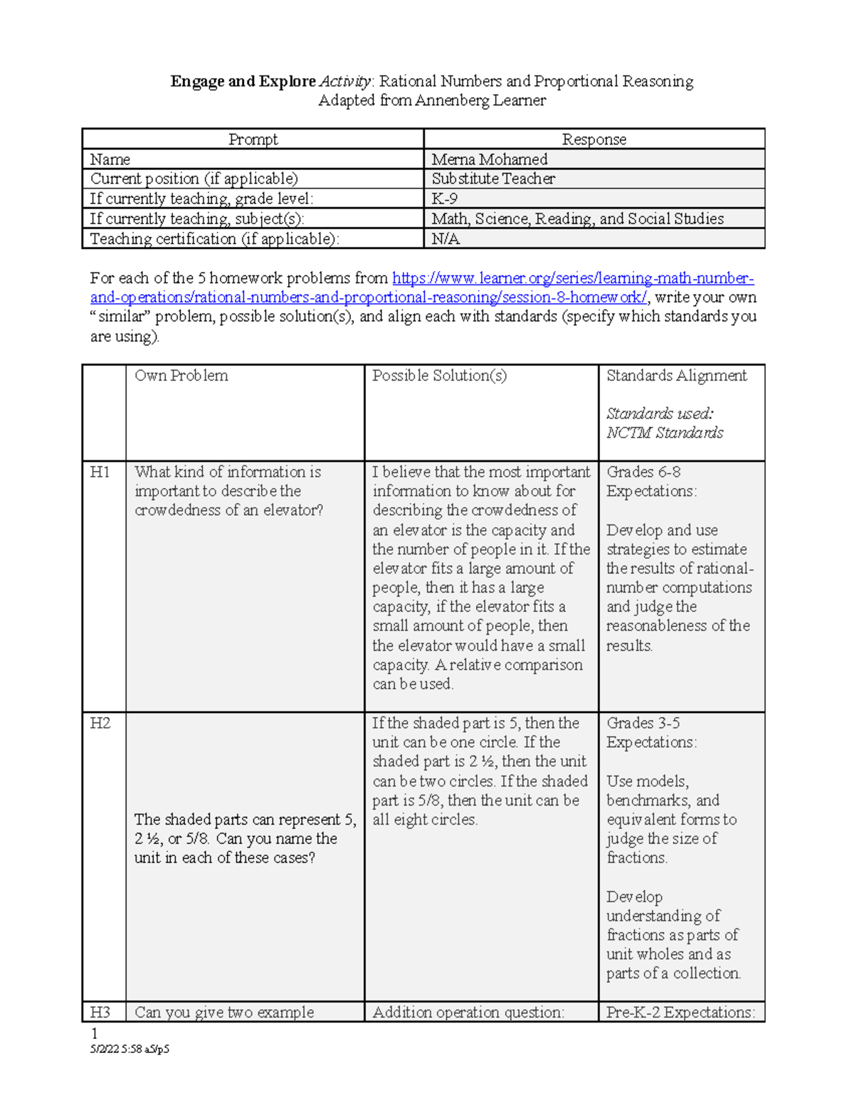 Engage and Explore Activity Rational Numbers and Proportional Reasoning ...