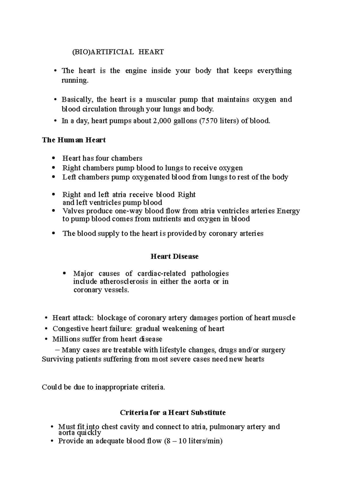 Artificial heart - (BIO)ARTIFICIAL HEART The heart is the engine inside ...