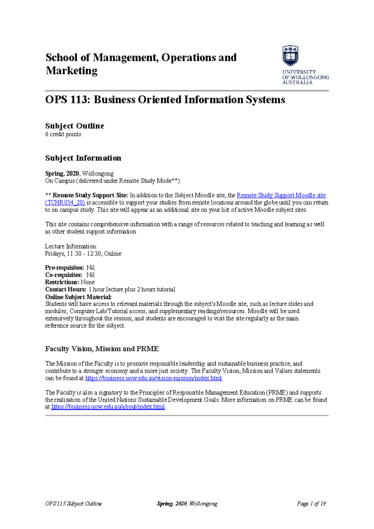 OPS 113 Subject Outline Spring 2020 - School of Management, Operations ...