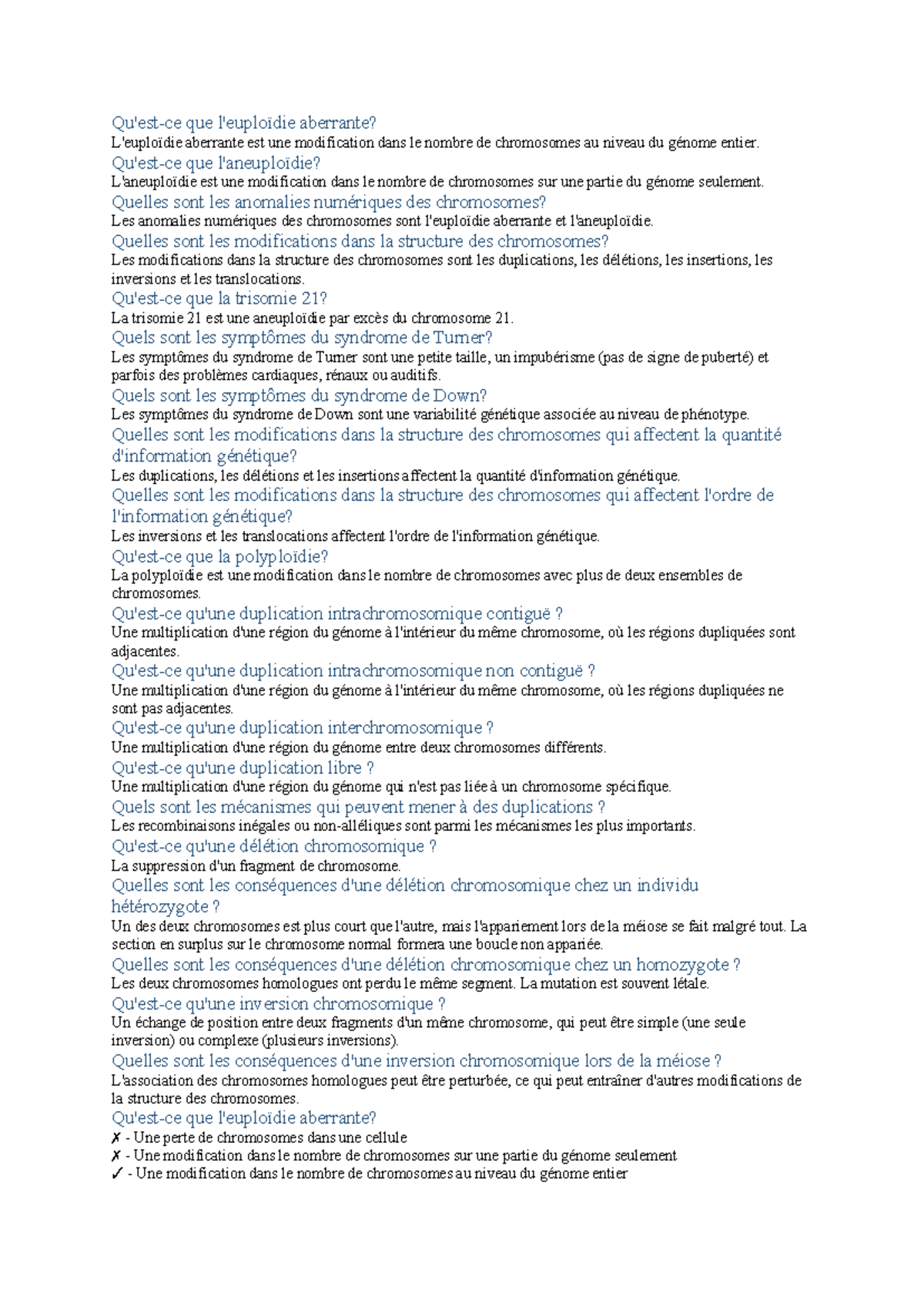 Quiz chap 11 - Qu'est-ce que l'euploïdie aberrante? L'euploïdie ...