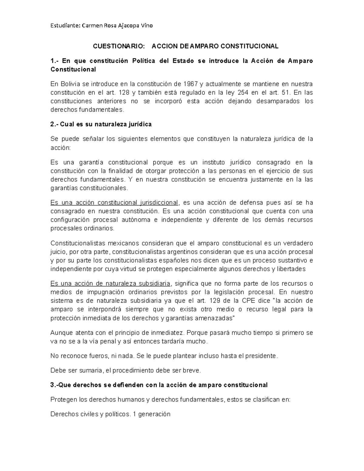 Acción De Amparo Cuestionario Cuestionario Accion De Amparo