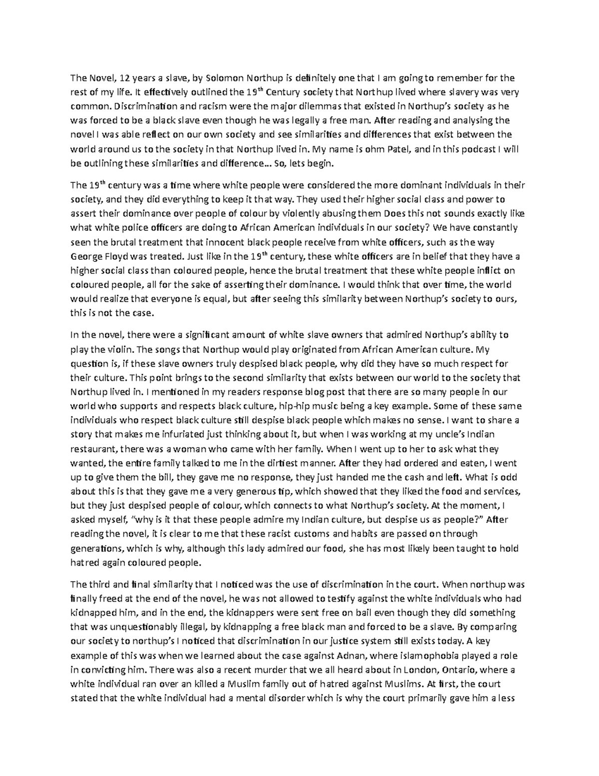 Podcast Script - The Novel, 12 years a slave, by Solomon Northup is ...