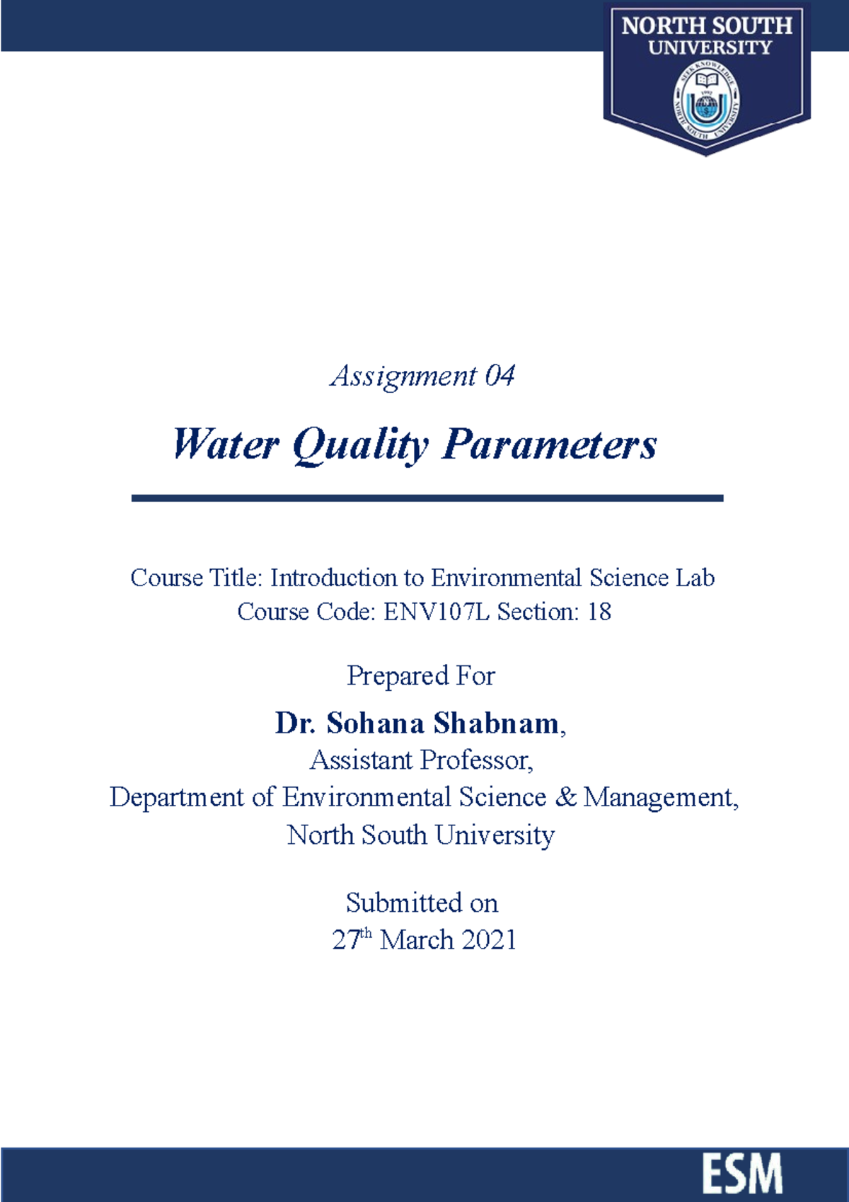 Assignment-3-ENV - Assignment 04 Water Quality Parameters Course Title ...