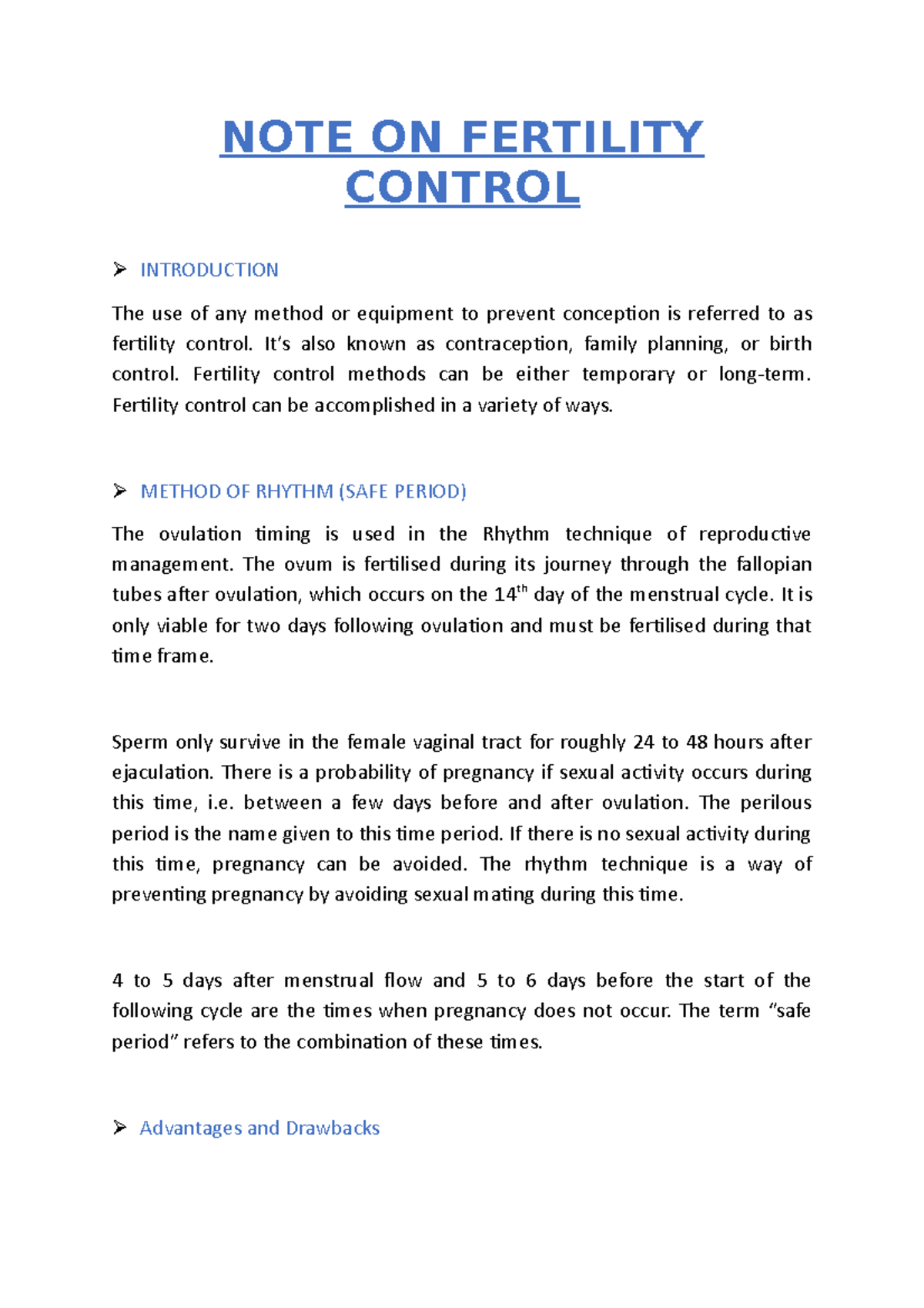 Note on fertility control - NOTE ON FERTILITY CONTROL INTRODUCTION The ...