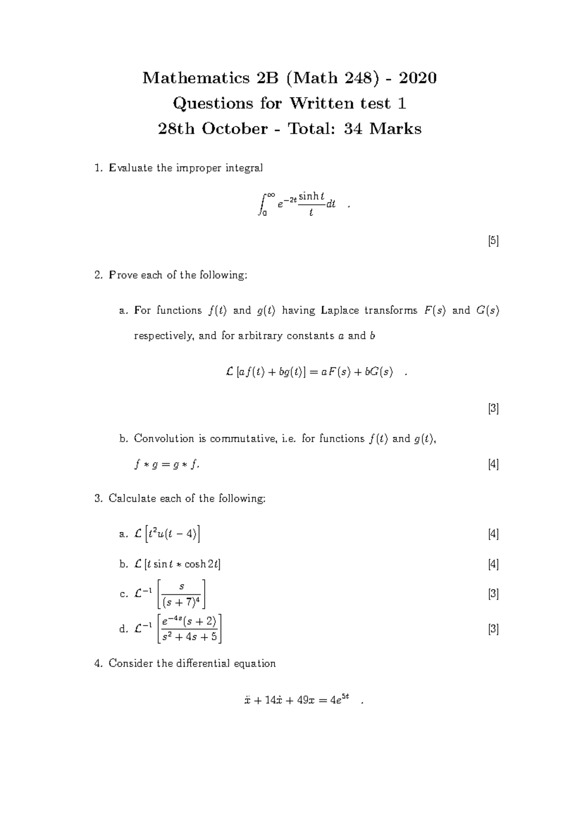 Assessment 1 2020 - Mathematics 2B (Math 248) - 2020 Questions for ...