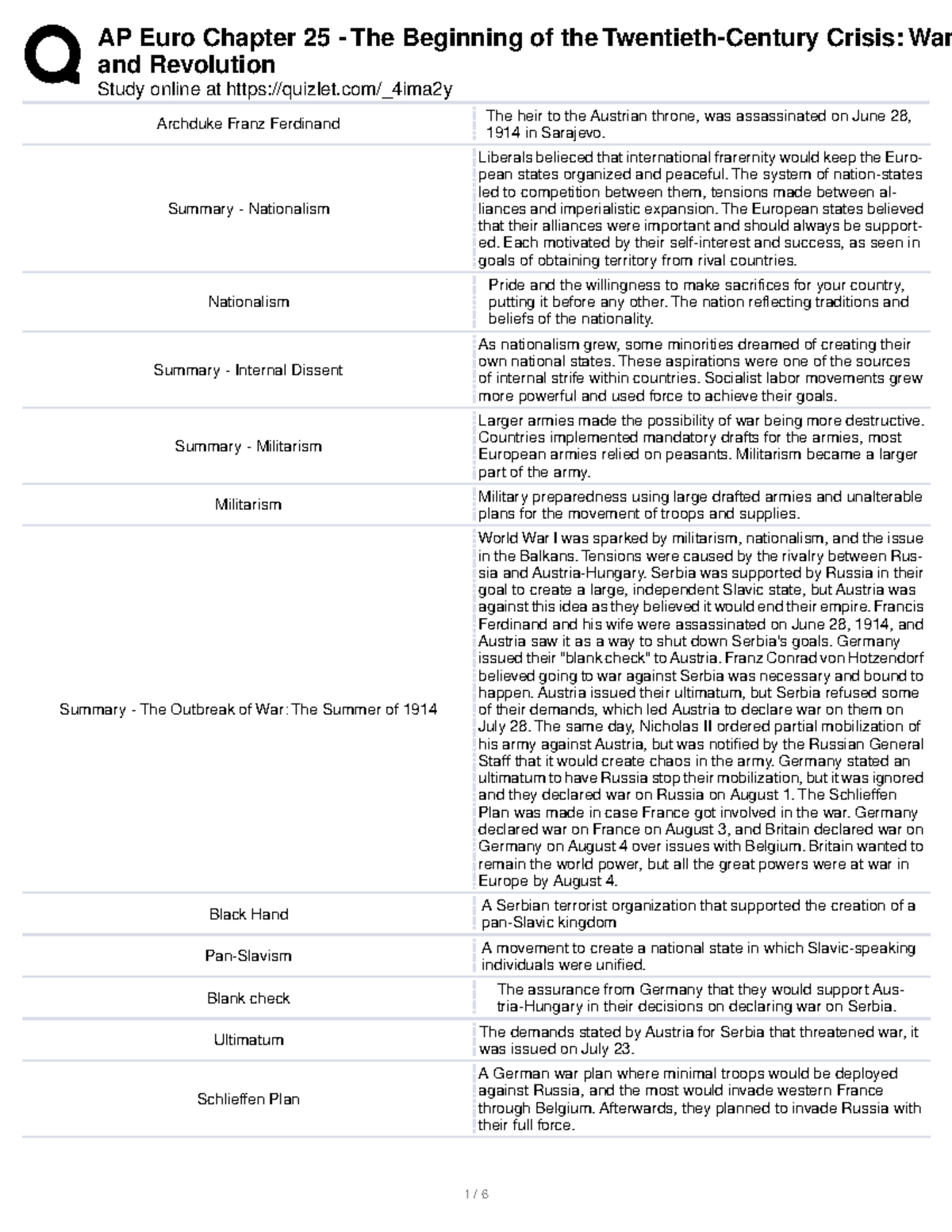 ap euro notes ww1 - and Revolution Study online at quizlet/_4ima2y ...