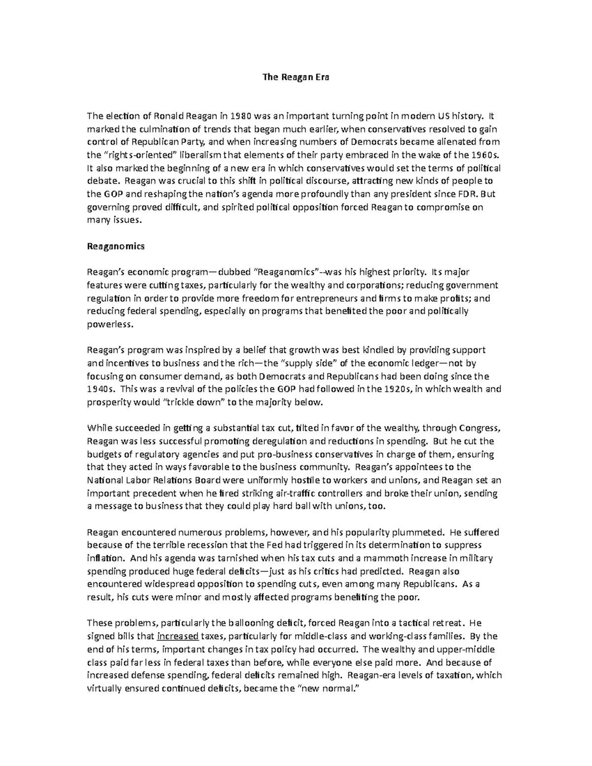 The Reagan Era - Lecture notes 17 - The Reagan Era The election of ...