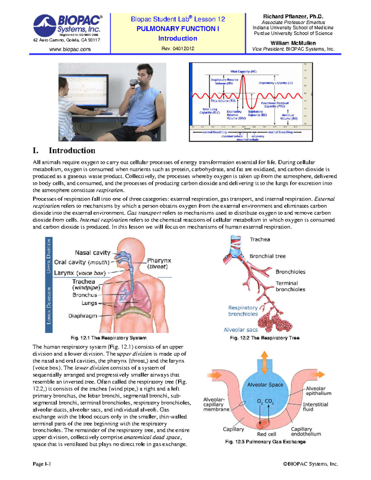 Pulmonary Function 1 Introduction - Biopac Student Lab® Lesson 12 ...