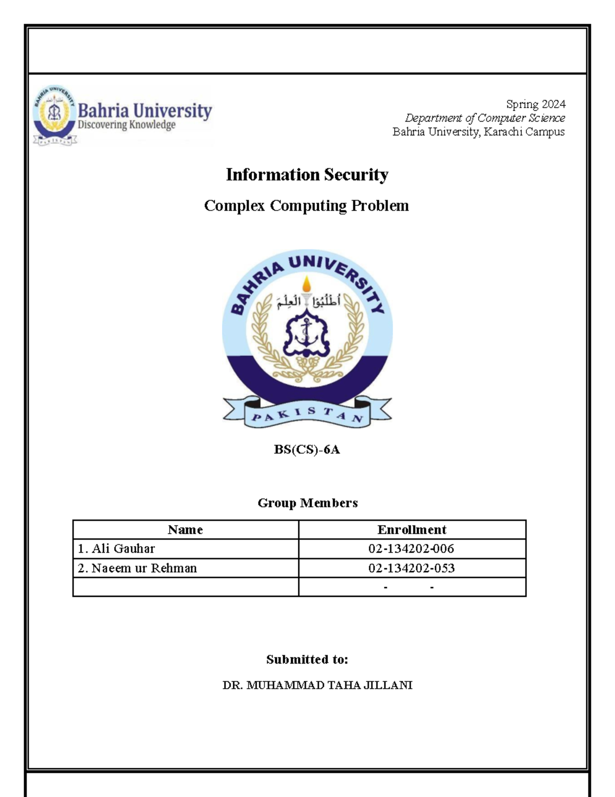 Final reprot Is - Spring 202 4 Department of Computer Science Bahria University, Karachi Campus ...