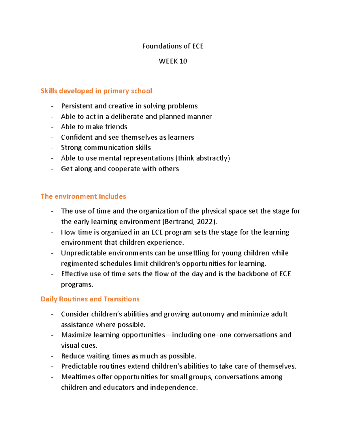 Week 10 notes - Foundations of ECE WEEK 10 Skills developed in primary ...