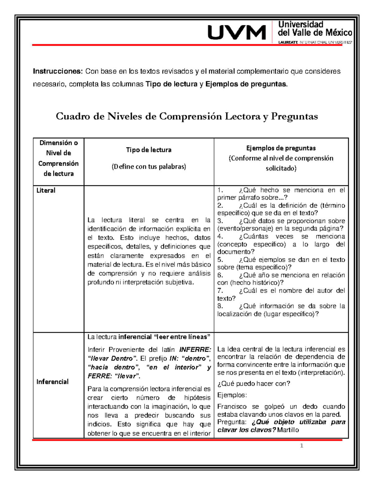 A3 Cuadro de Niveles de Comprensión Lectora y Preguntas - 1 ...