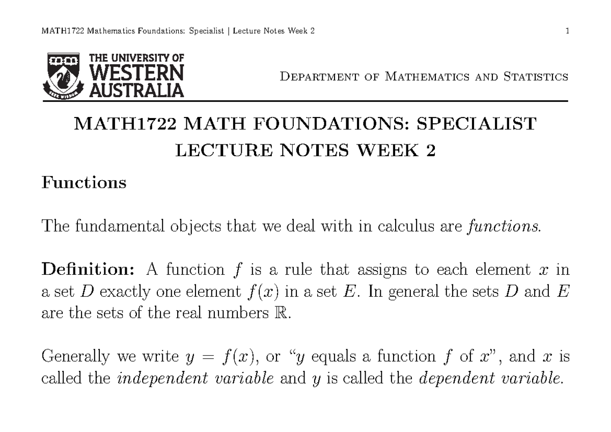 MATH1722 Lecture W02 - Department of Mathematics and Statistics MATH1722 MATH FOUNDATIONS: - Studocu