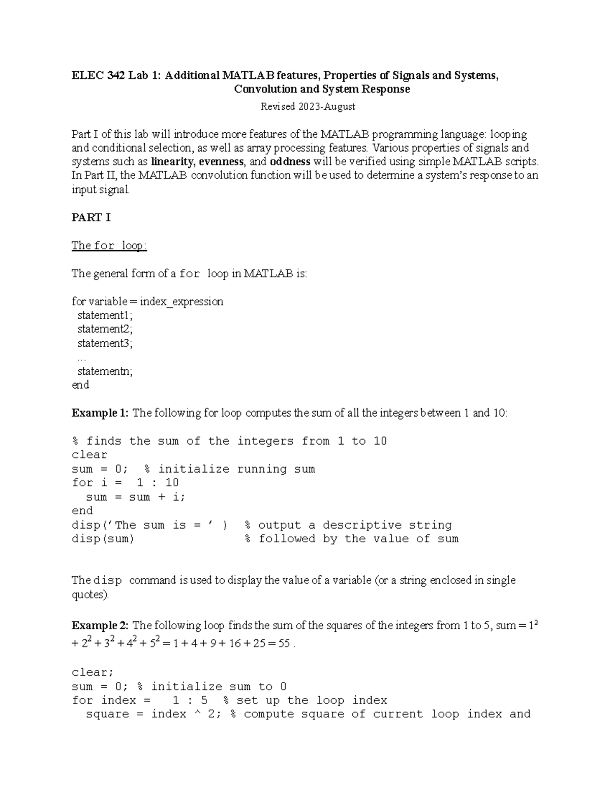 Lab1 Lab 1 Elec 342 Elec 342 Lab 1 Additional Matlab Features 8182