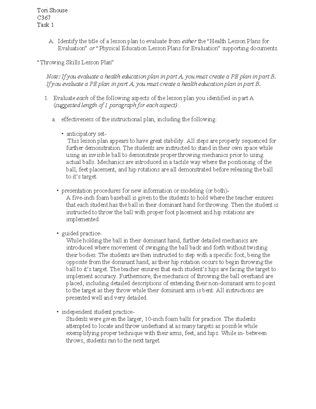 C367- task 1 - task 1task - C Task 1 A. Identify the title of a lesson ...