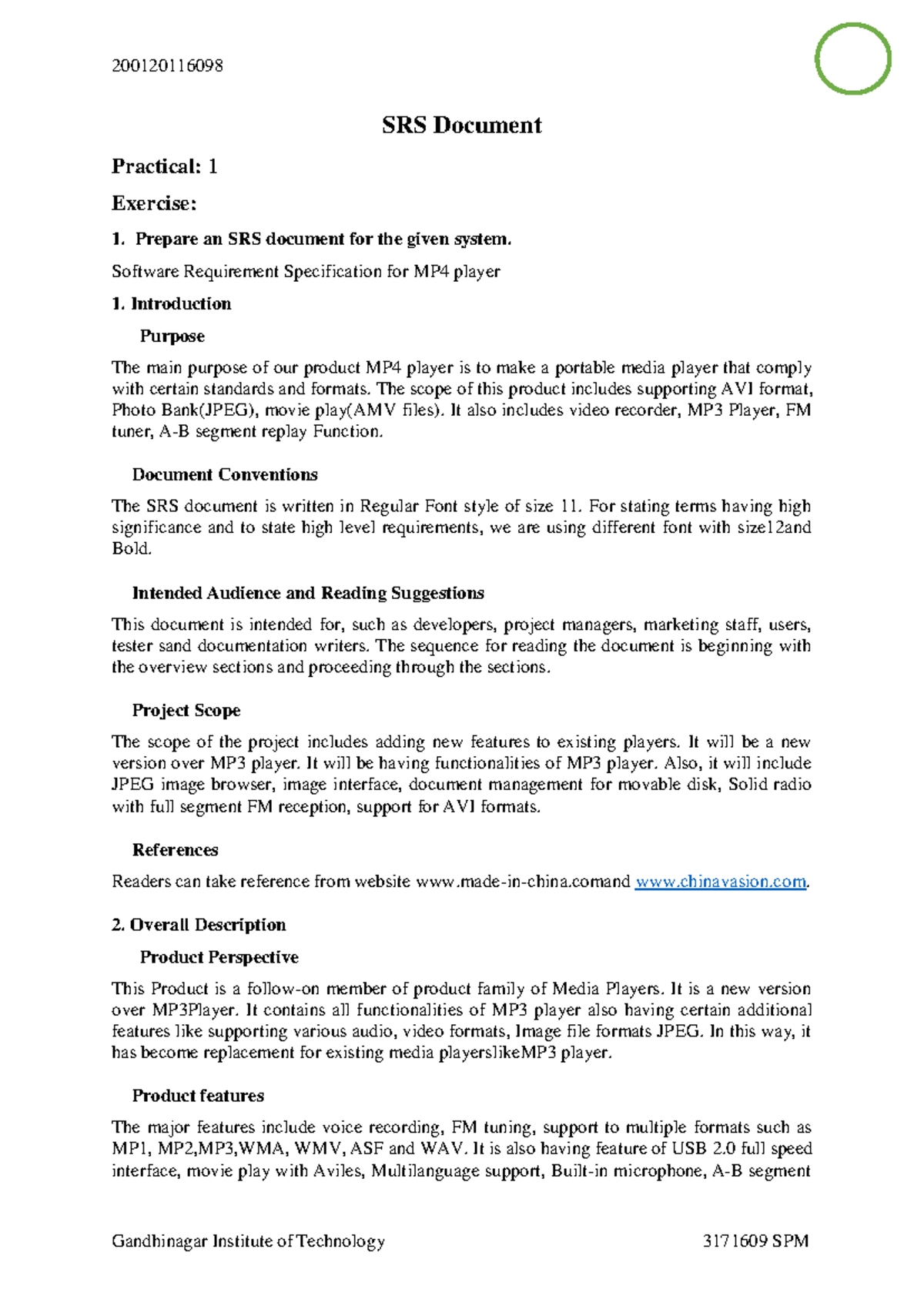 software practical manual - SRS Document Practical: 1 Exercise: 1. Prepare an SRS document for ...