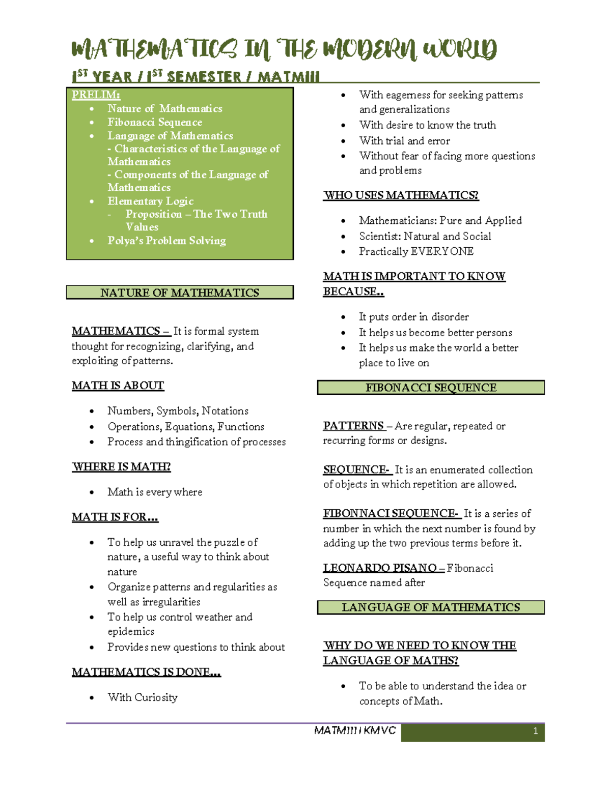 Mathematics IN THE Modern World MATM111 Transes - 1 ST YEAR / 1ST SEMESTER / MATM PRELIM: Nature ...