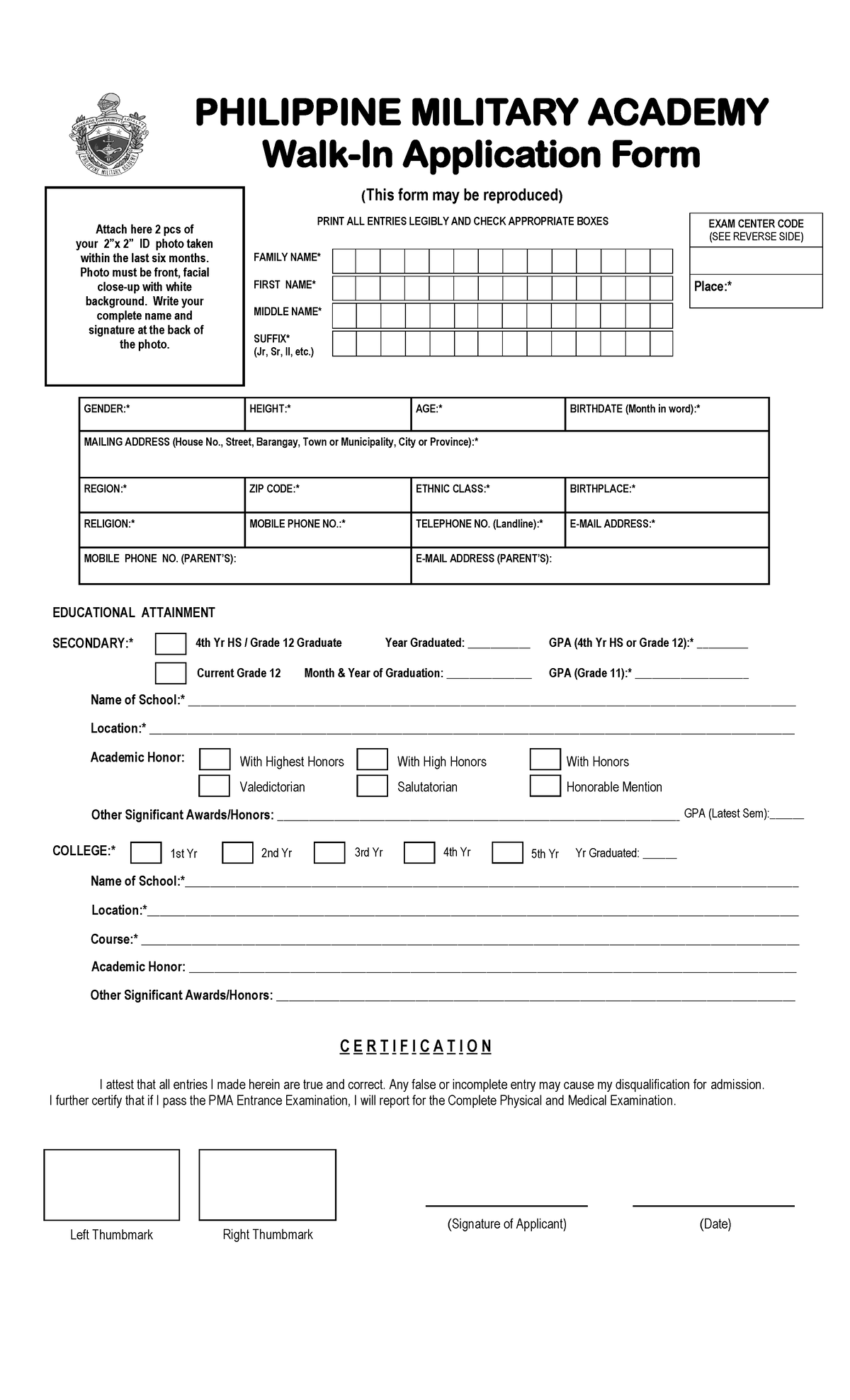 Pmaee WALK IN Application FORM 2023 - Academic Honor: PHILIPPINE ...