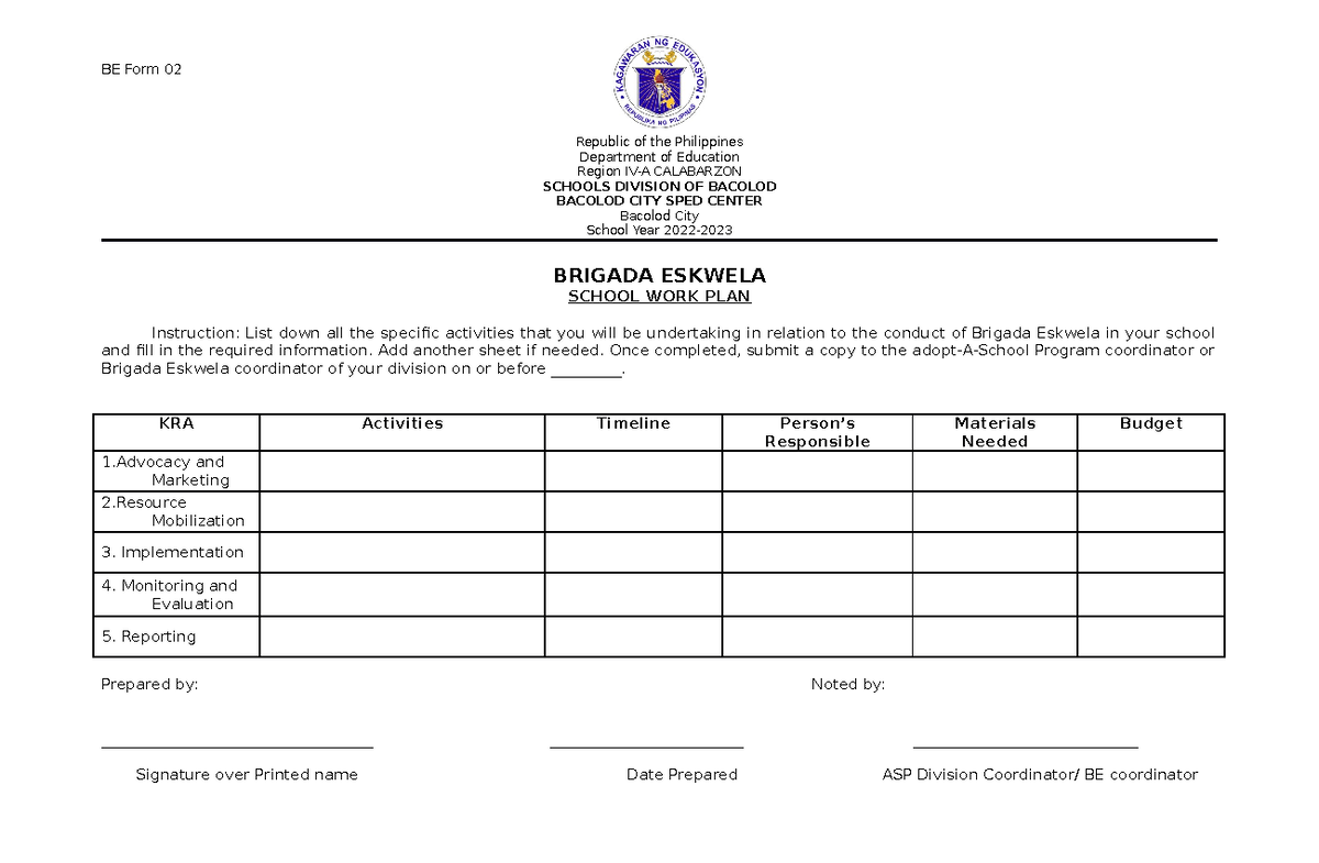 BE Form 2 School WORK PLAN - BE Form 02 Republic of the Philippines ...