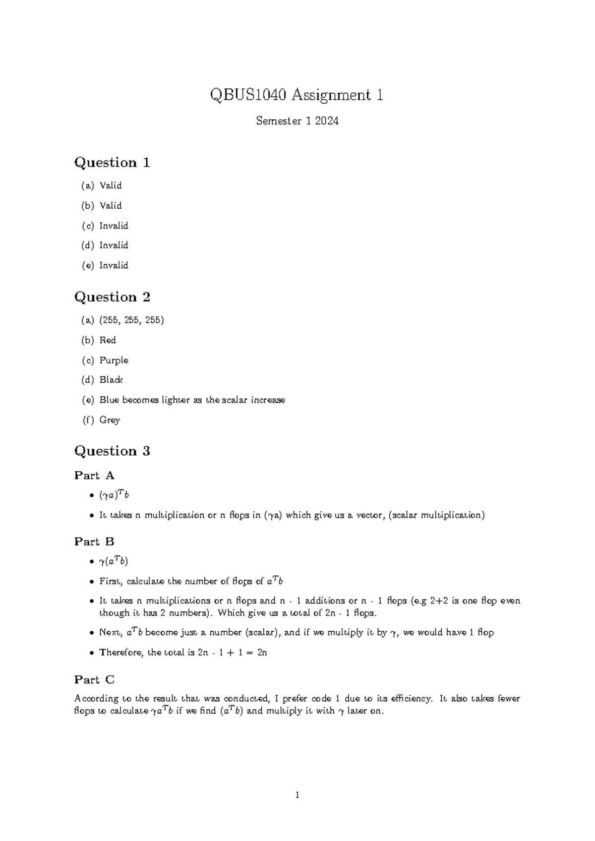 QBUS1040 Assignment 1 Template Copy - QBUS1040 Assignment 1 Semester 1 2024 Question 1 (a) Valid ...
