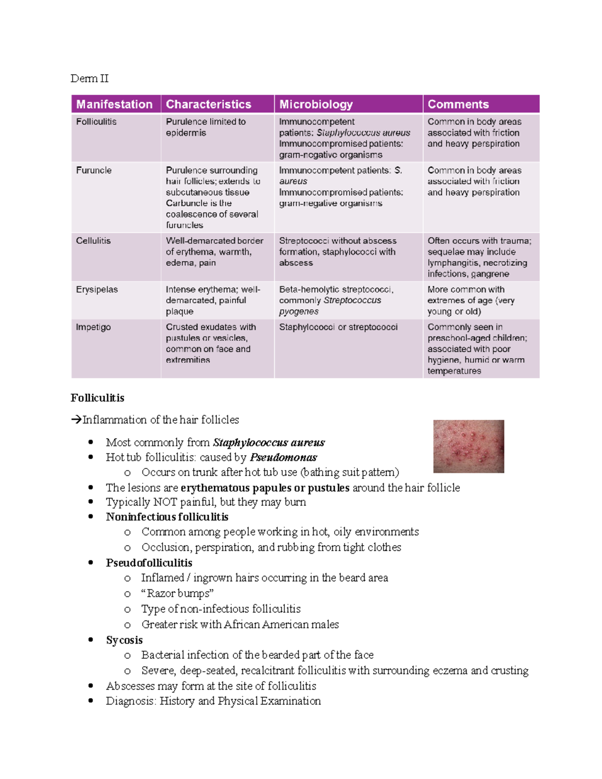 Derm II notes - Derm II Folliculitis Inflammation of the hair follicles ...