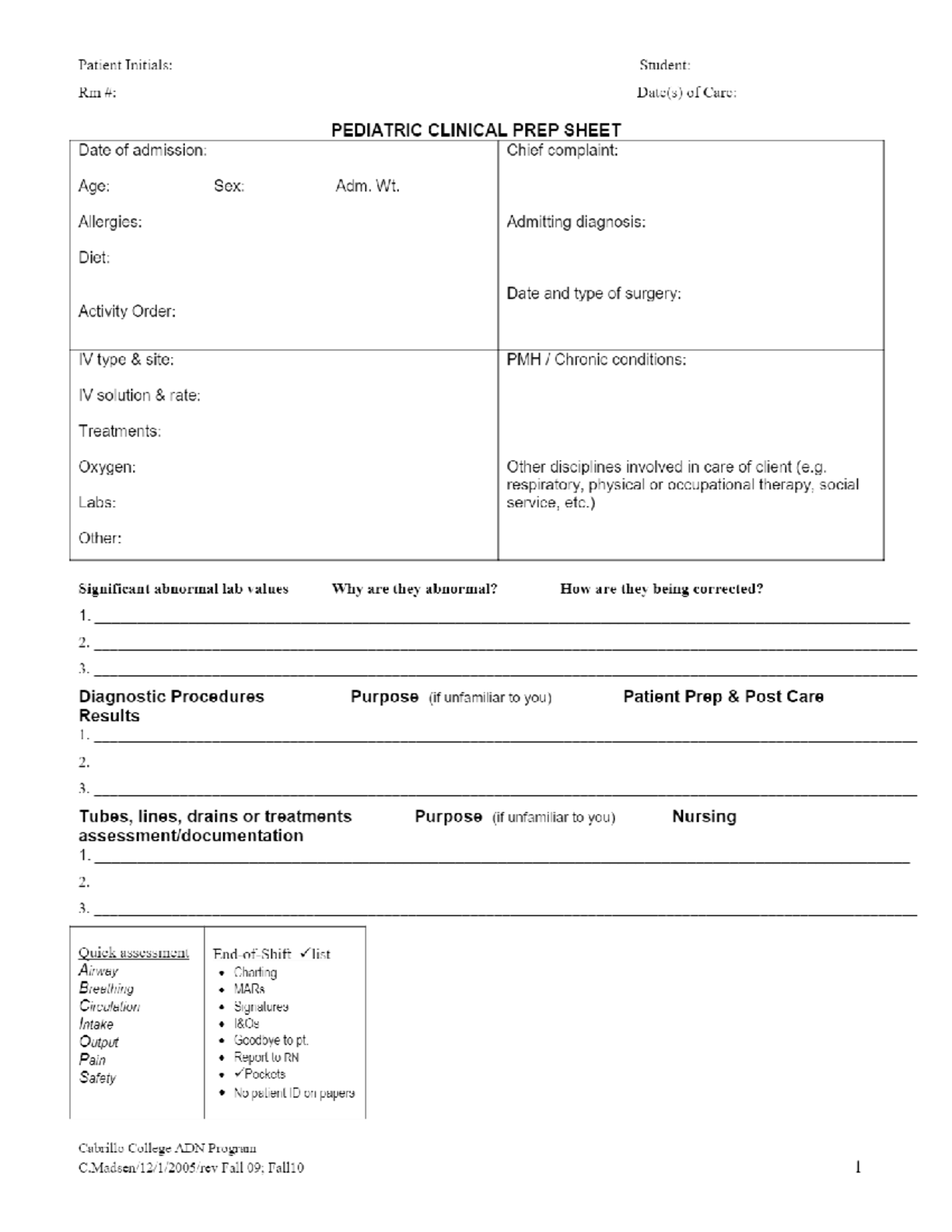 Pediatric Clinical PREP Sheet - HIST 302 - Studocu