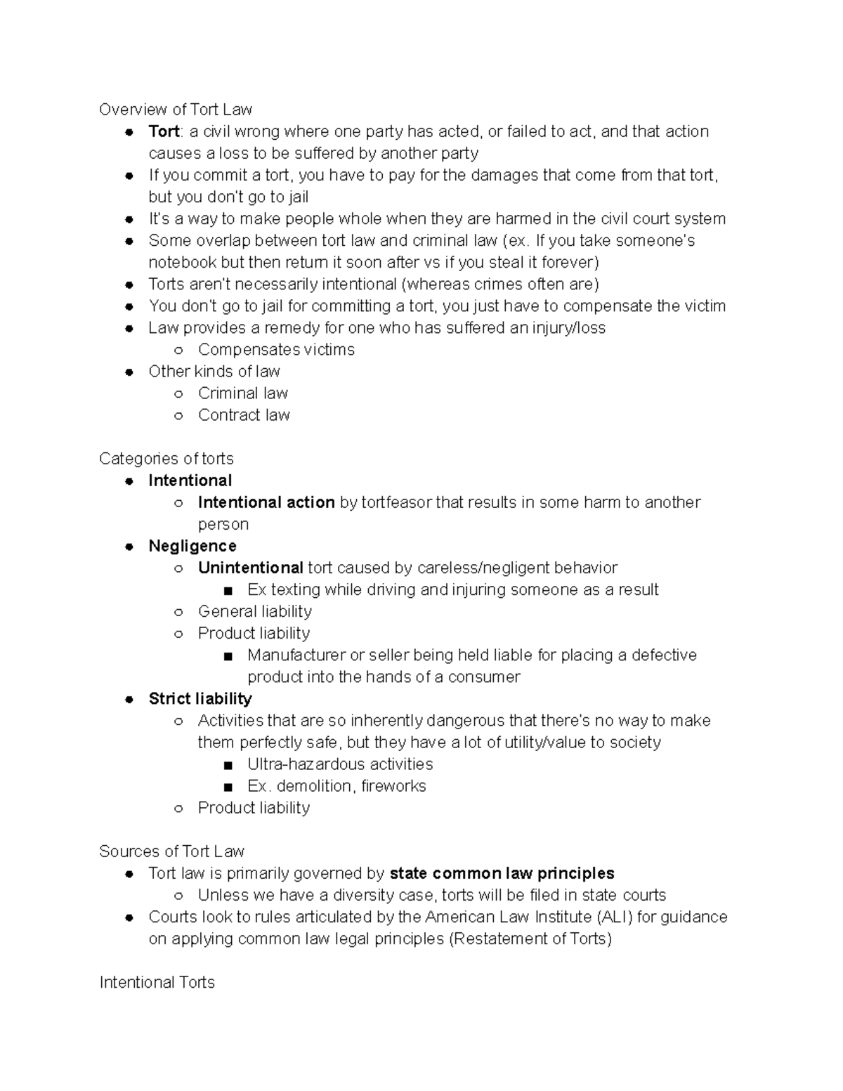 Ch 9 – Torts - Professor Otten's class - Overview of Tort Law Tort : a ...