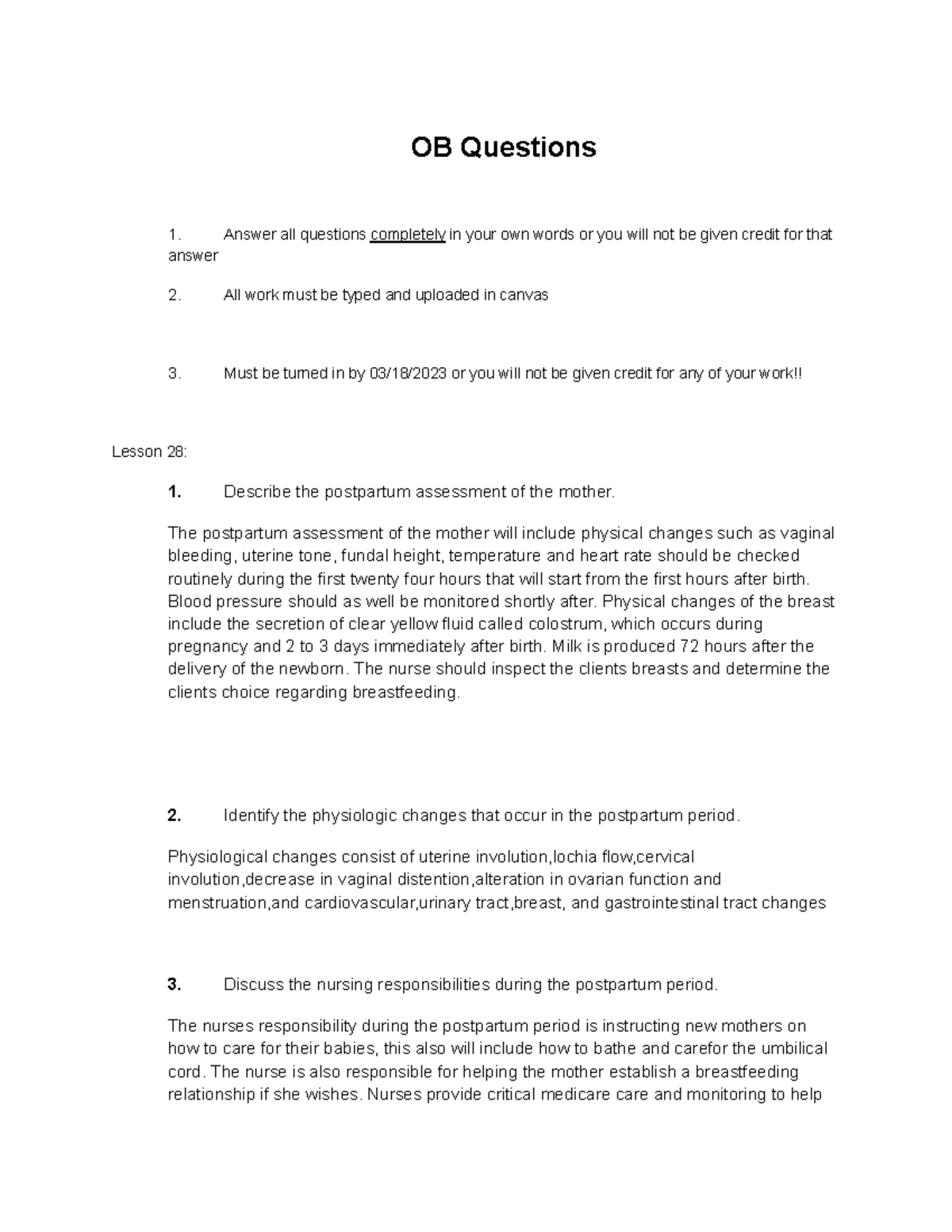 OB Questions extra credit - OB Questions 1. Answer all questions ...