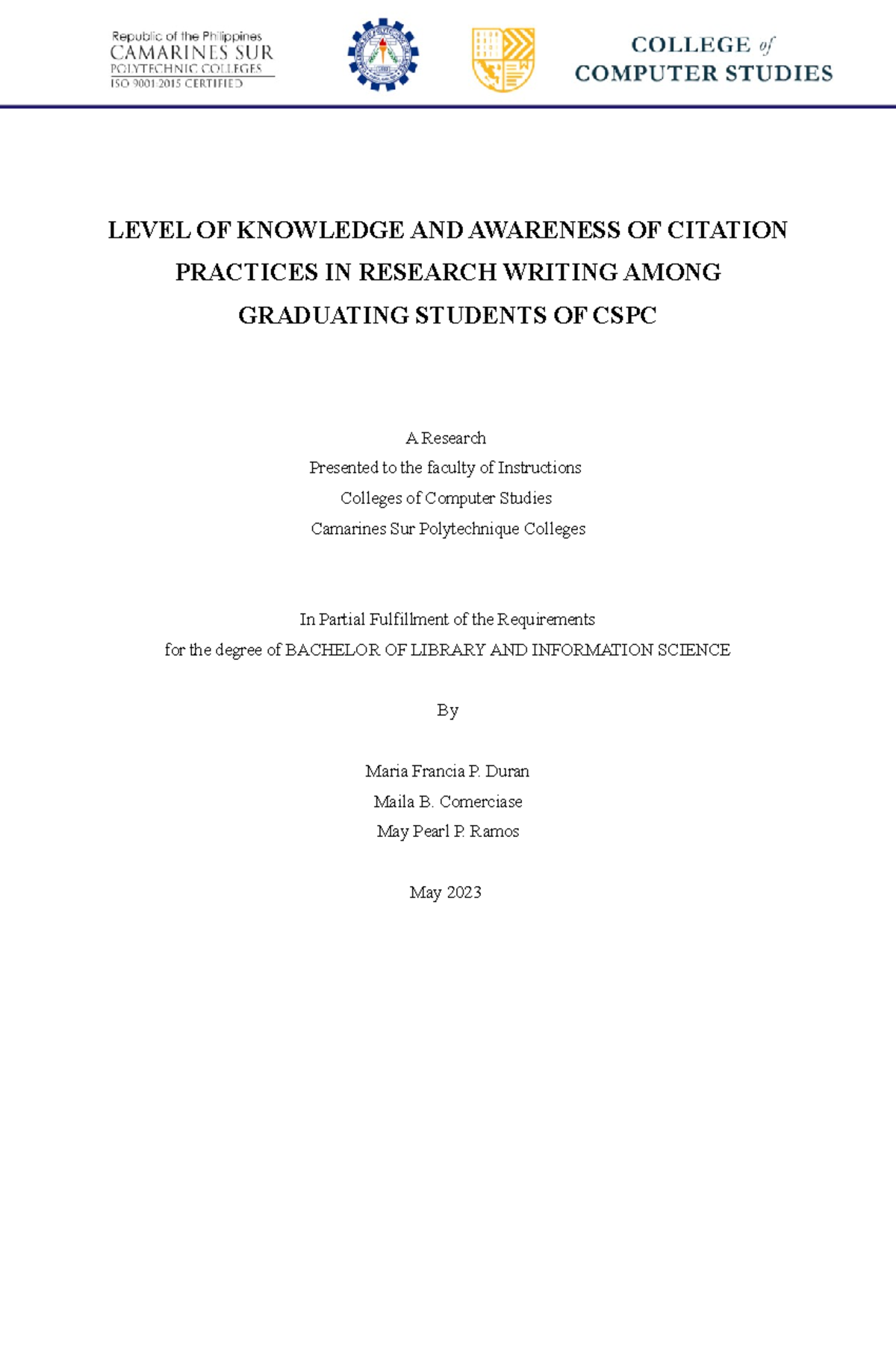 Group-2 Mindshaper- Library- Manager BLIS-3A - LEVEL OF KNOWLEDGE AND ...