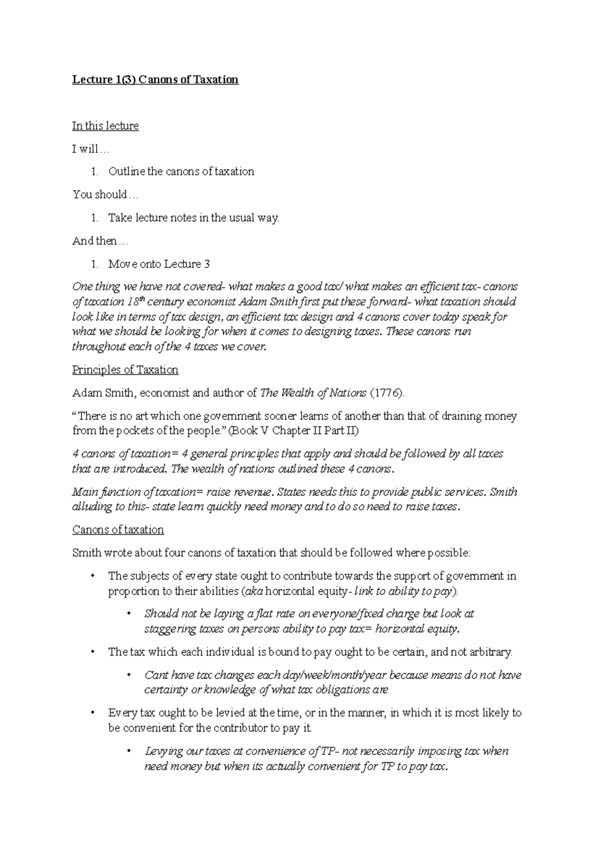 Lecture 1(3) notes - Intro to tax - Lecture 1(3) Canons of Taxation In ...