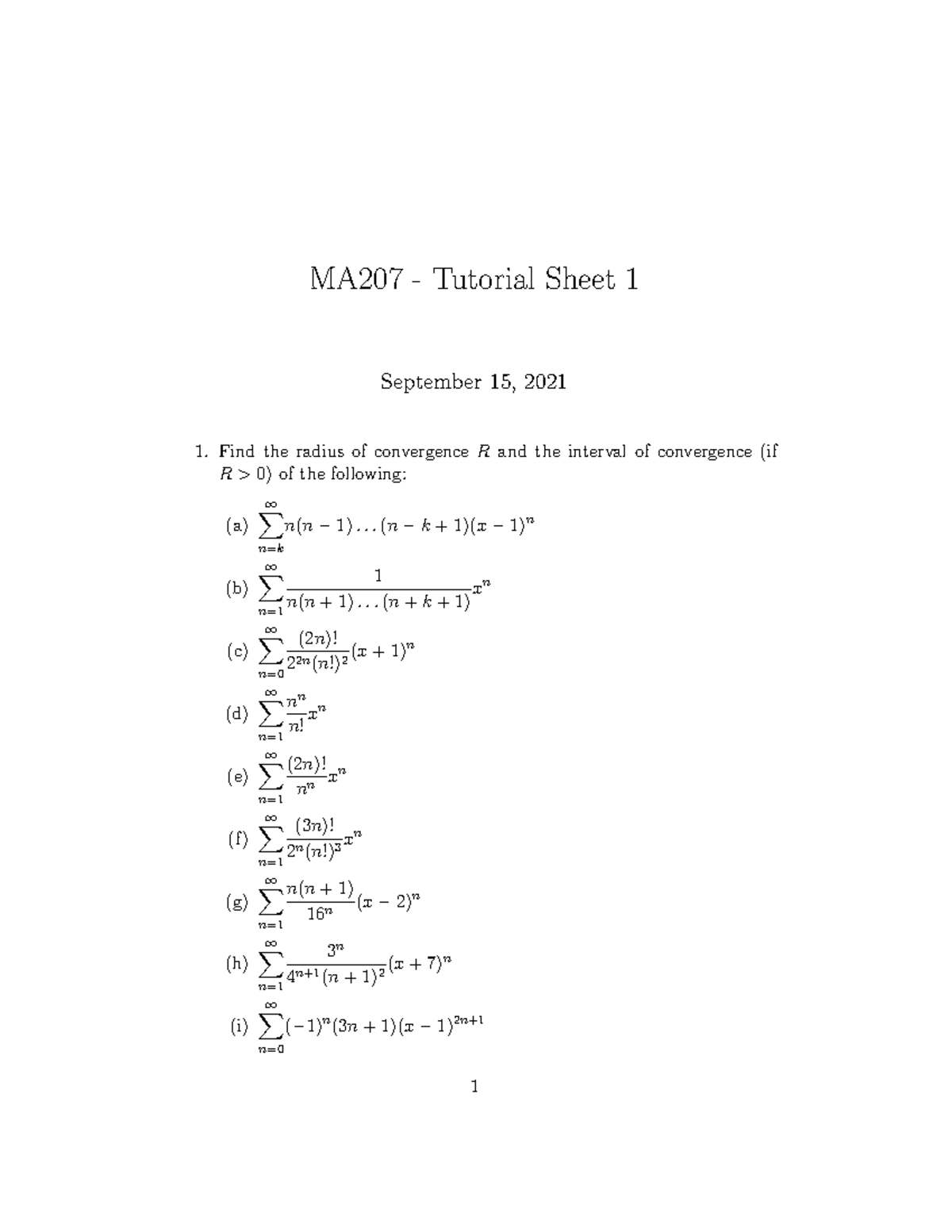 MA 207 2021 Tutorial Sheet 1 - MA207 - Tutorial Sheet 1 September 15 ...