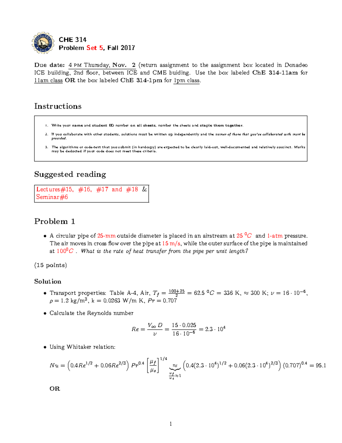 Pset5solution - Lecture notes - CHE 314 Problem Set 5, Fall 2017 Due ...