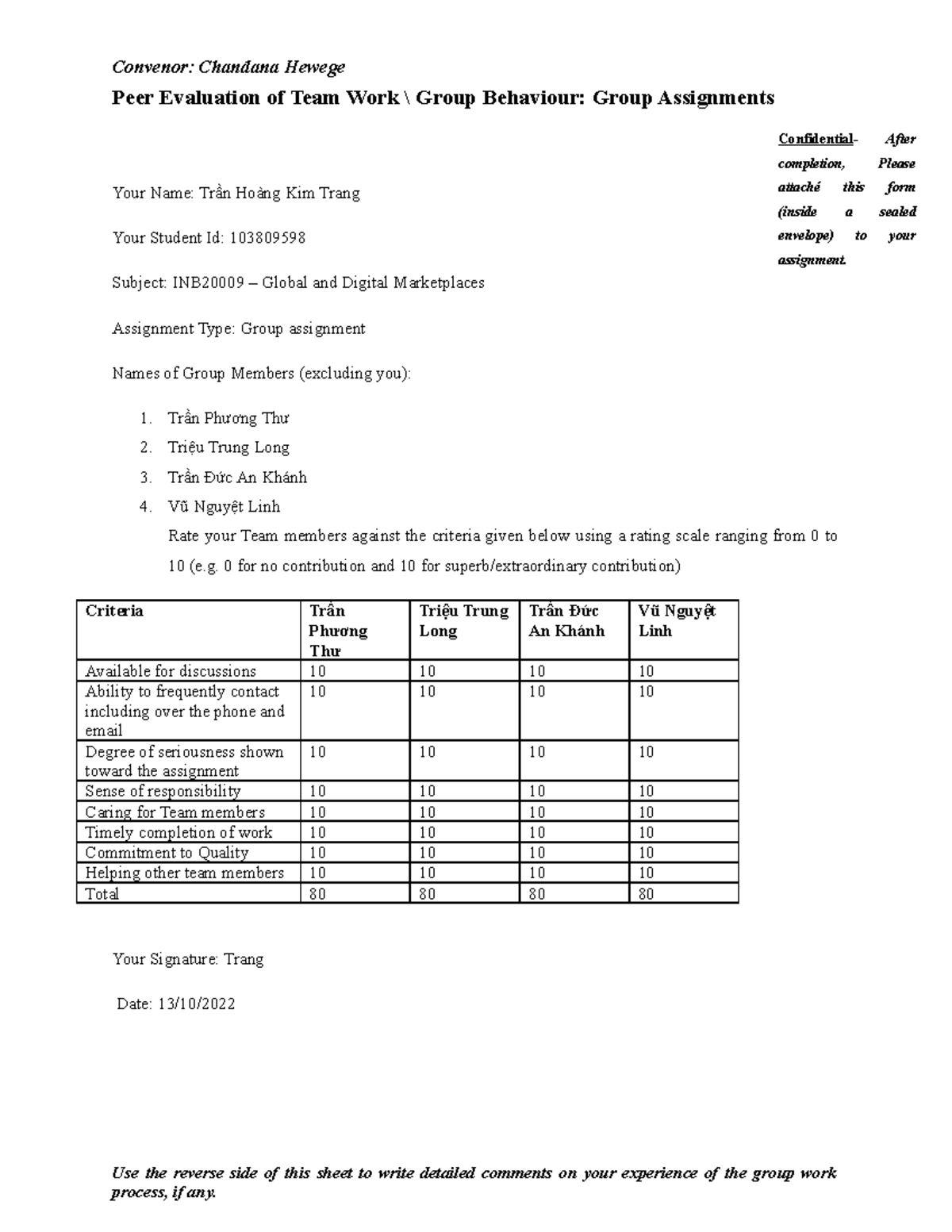 Peer Evaluation Team Work - Confidential- After completion, Please ...