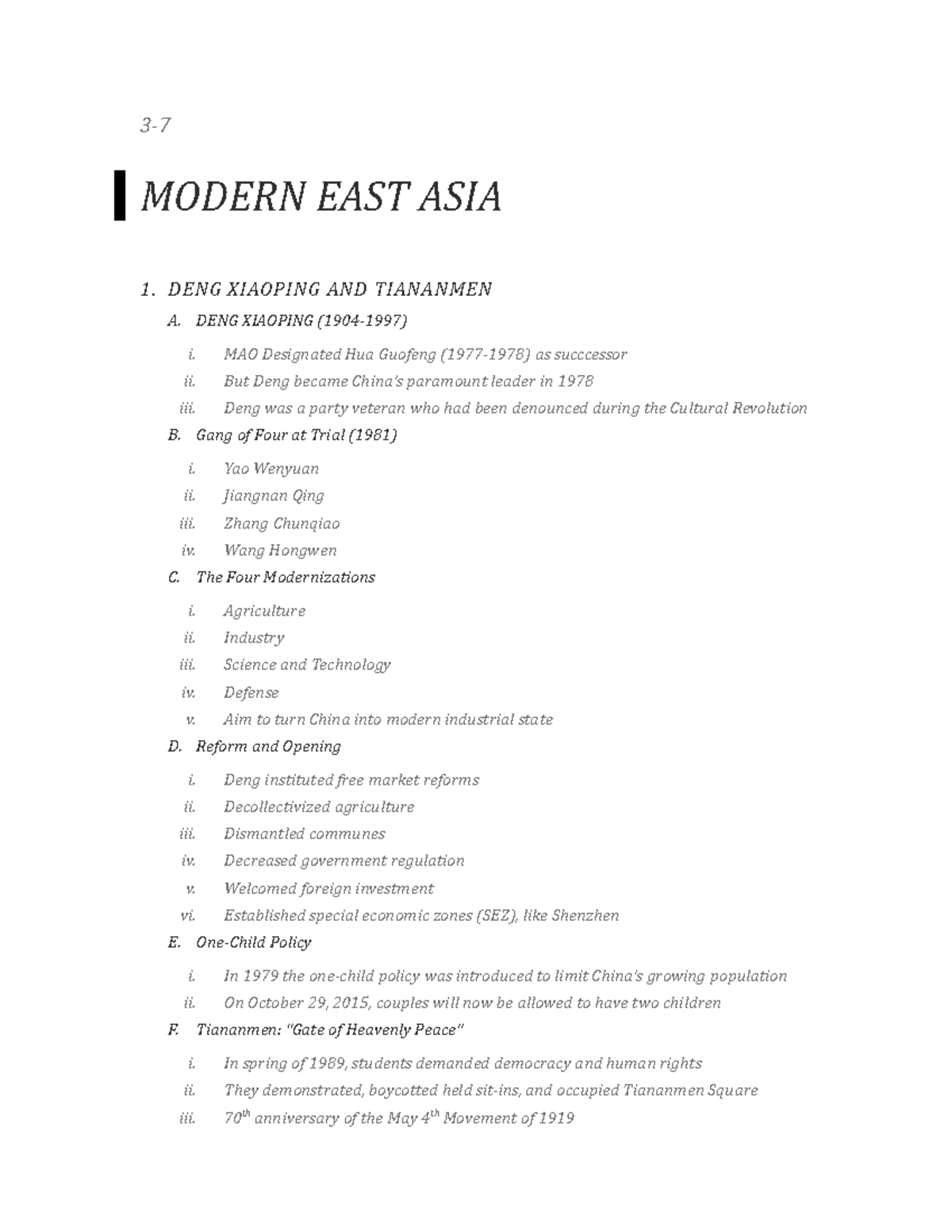 Modern East Asia Notes 3-7 - 3- MODERN EAST ASIA 1. DENG XIAOPING AND ...