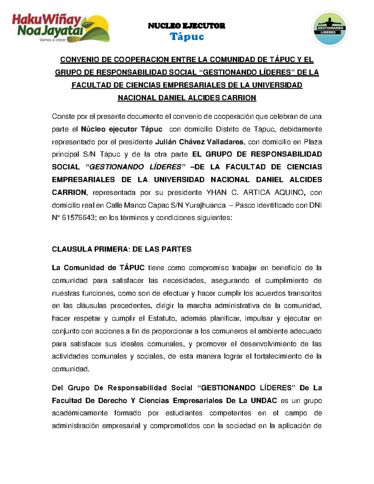 Convenio Comunidad DE Tapuc - NUCLEO EJECUTOR Tápuc CONVENIO DE ...