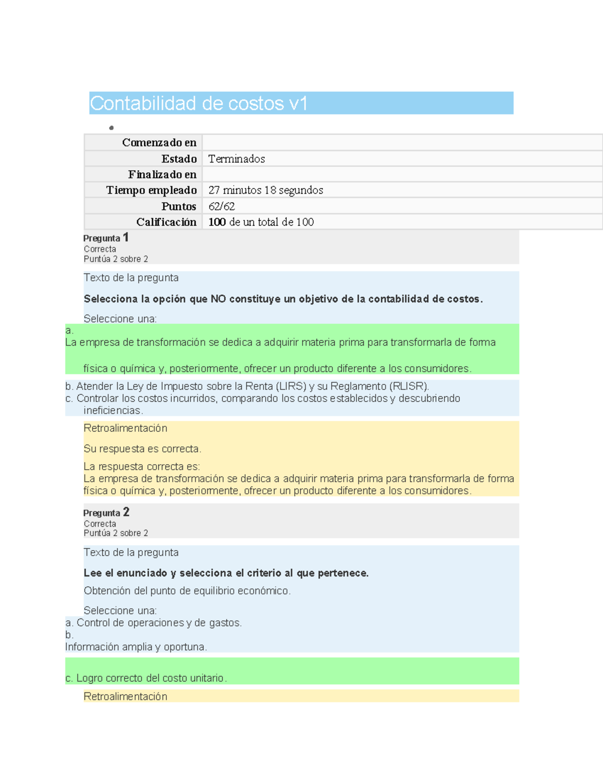 Examen final Contabilidad de costos v1 - Contabilidad de costos v Comenzado en Estado Terminados ...