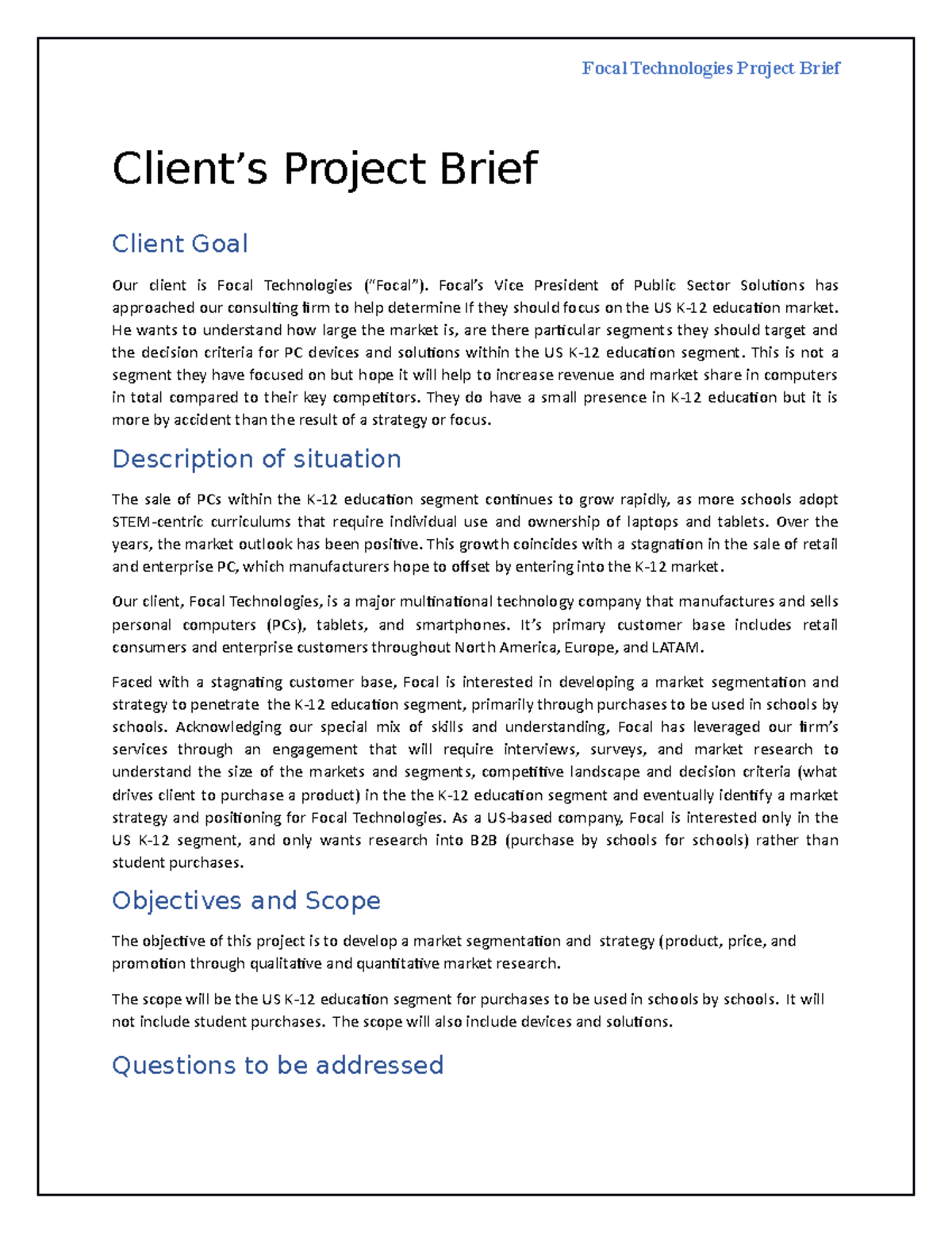Focal Case Project Brief - Focal Technologies Project Brief Client’s ...