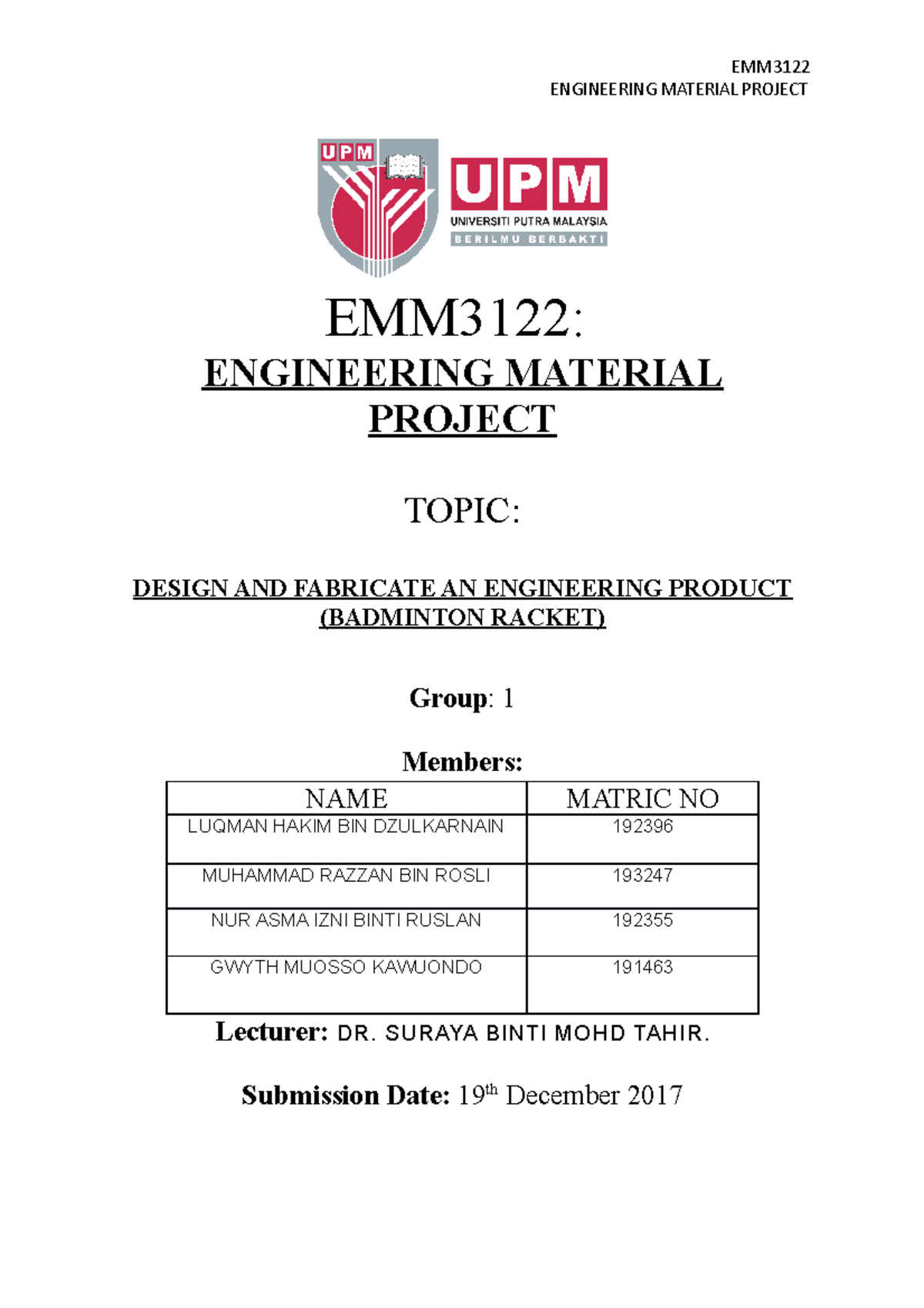 Material report - EMM3122 ENGINEERING MATERIAL PROJECT EMM3122 ...
