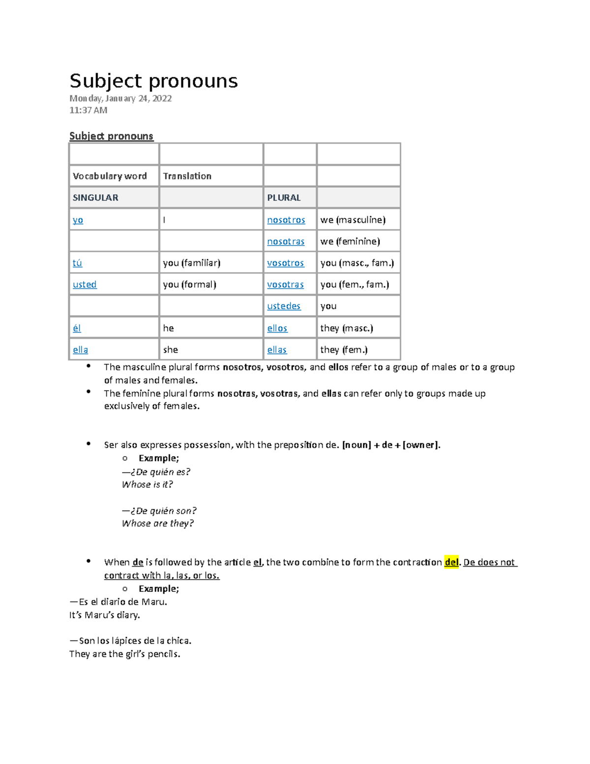 Basic verb chart - Subject pronouns Monday, January 24, 2022 11:37 AM ...